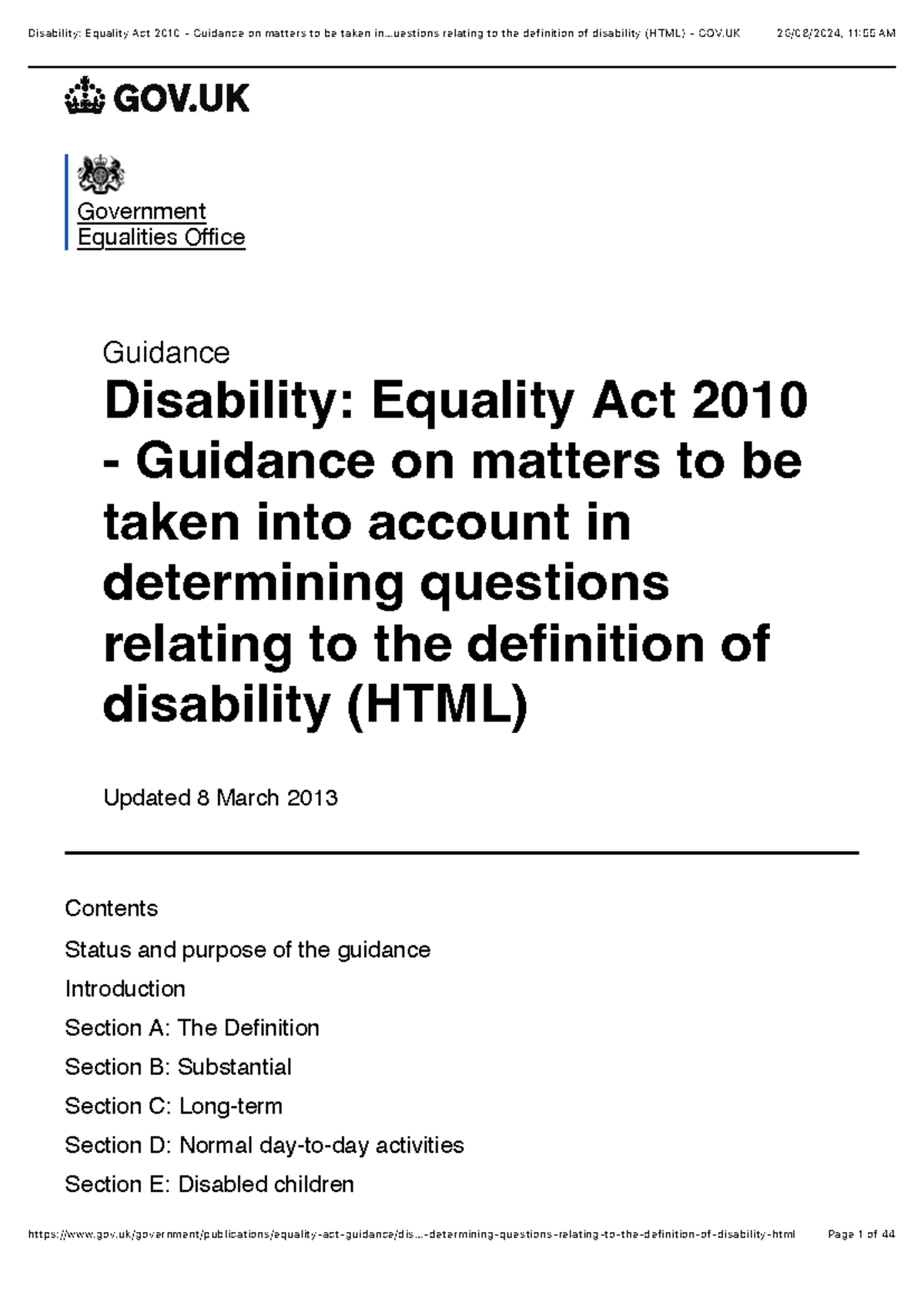 Disability: Equality Act 2010 - Guidance on matters to be taken into ...