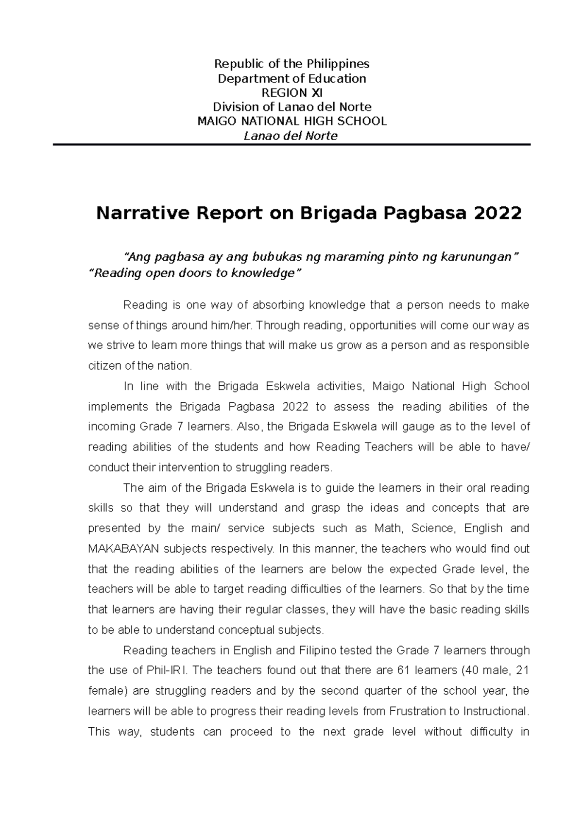 2022 Brigada Pagbasa Narrative - Republic of the Philippines Department ...