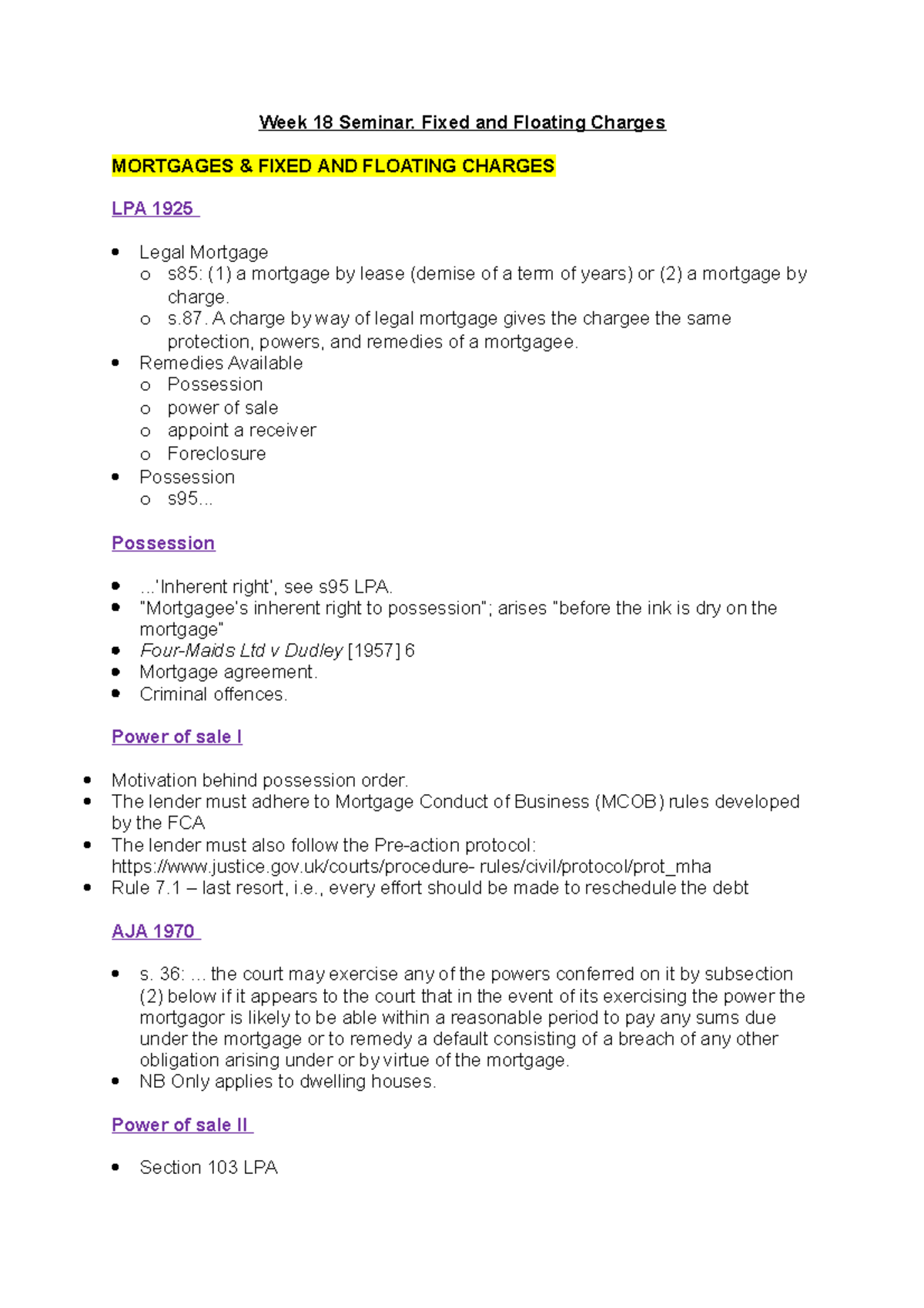 Week 18 Seminar 8 - Week 18 Seminar. Fixed and Floating Charges ...