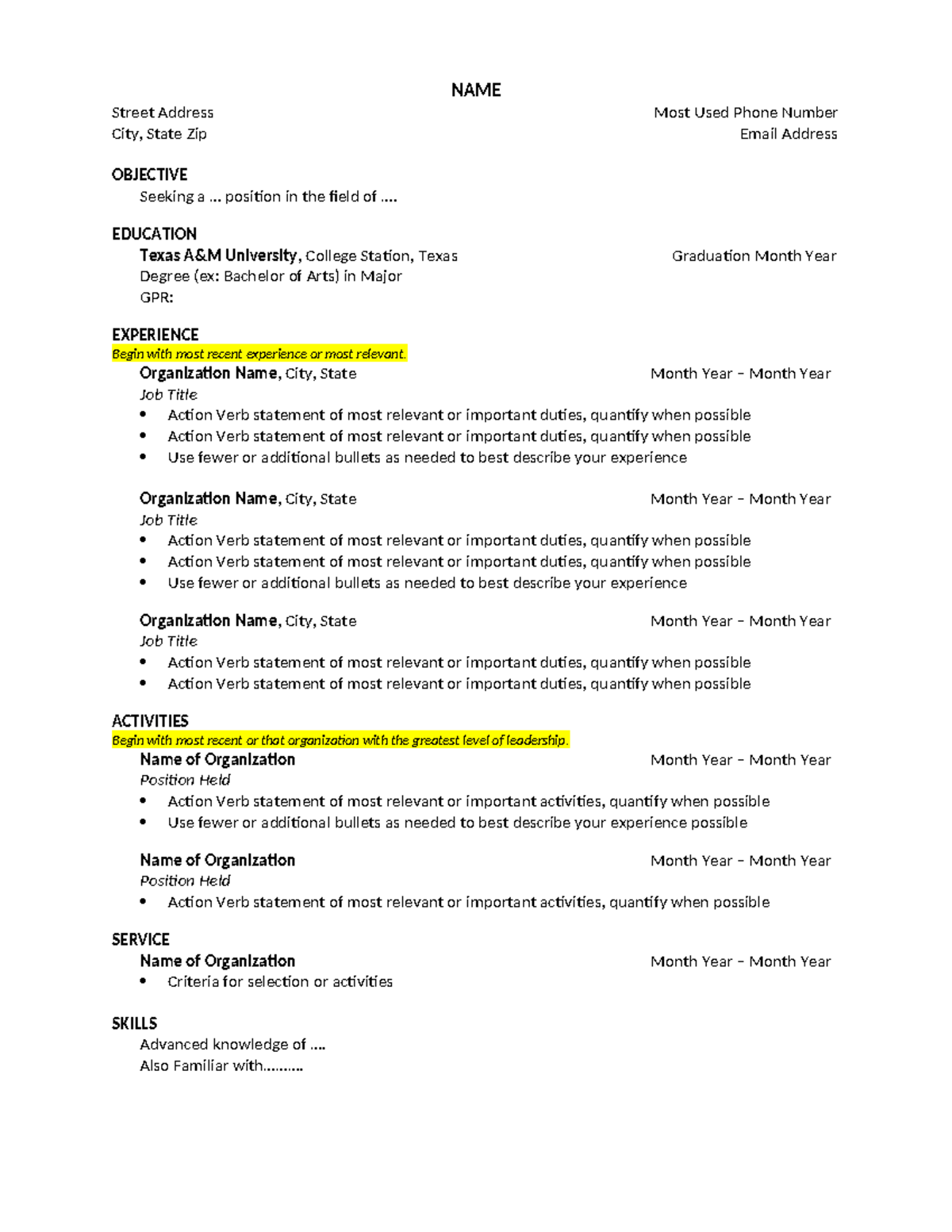Resume Template 1 - english notes - NAME Street Address Most Used Phone ...