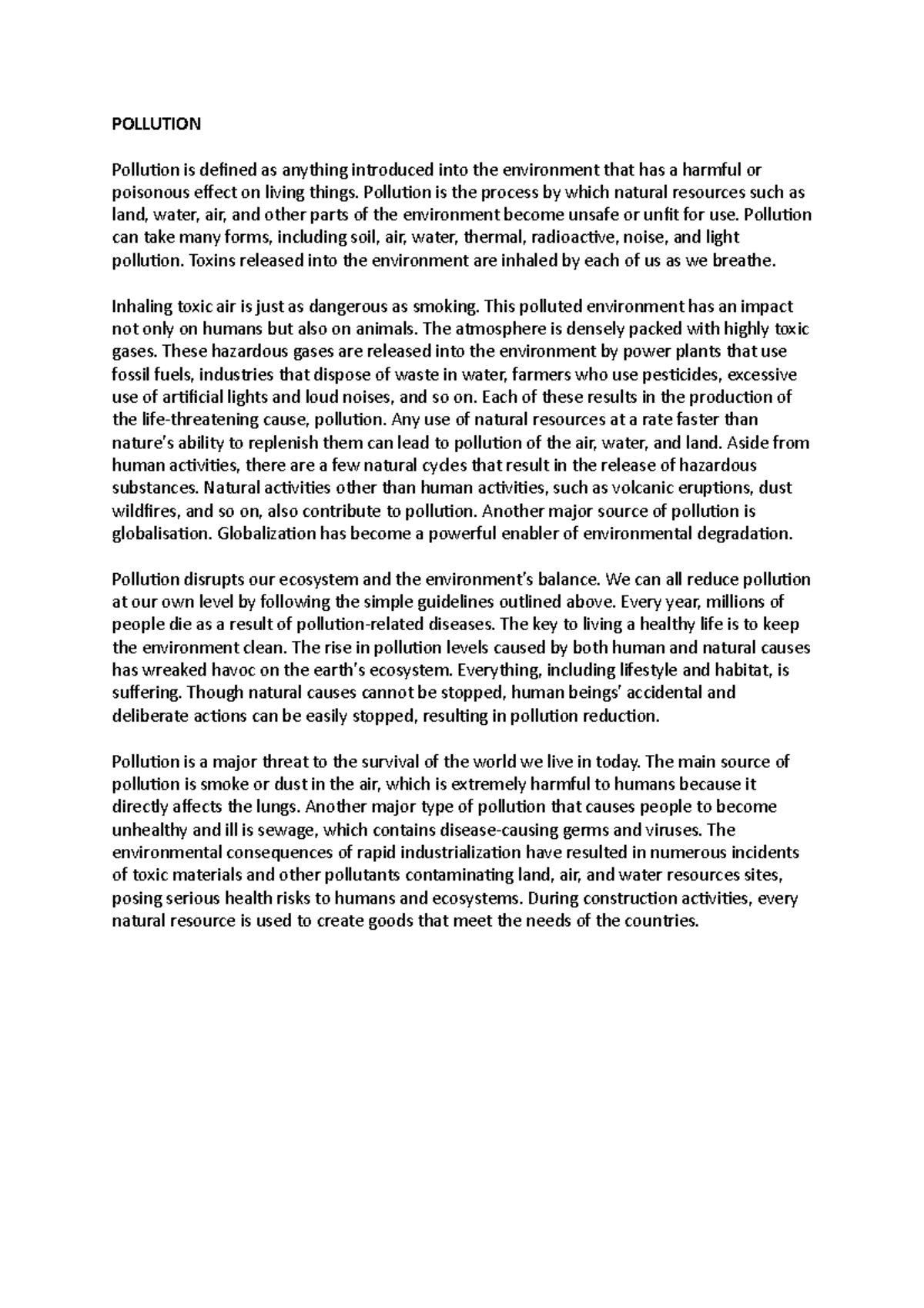 Assigment 1 - writing on pollution - POLLUTION Pollution is defined as ...