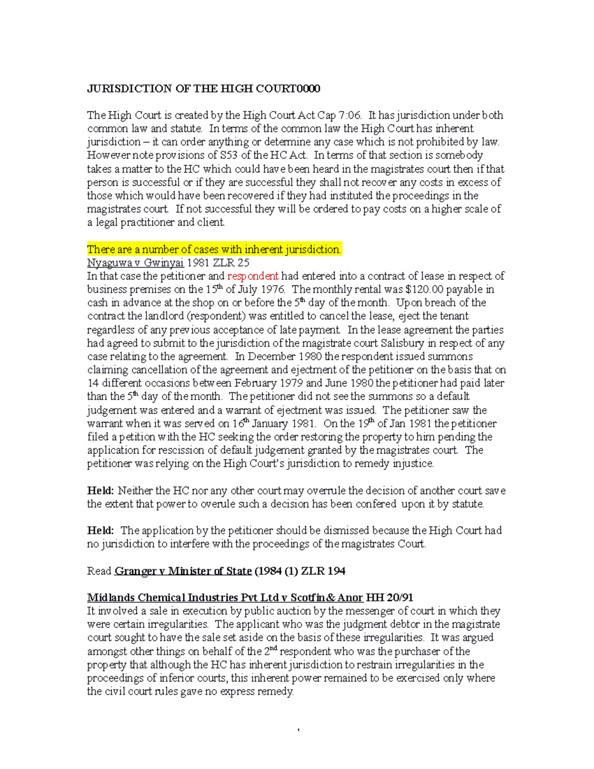 Advanced Civil Procedure Notes - JURISDICTION OF THE HIGH COURT The ...