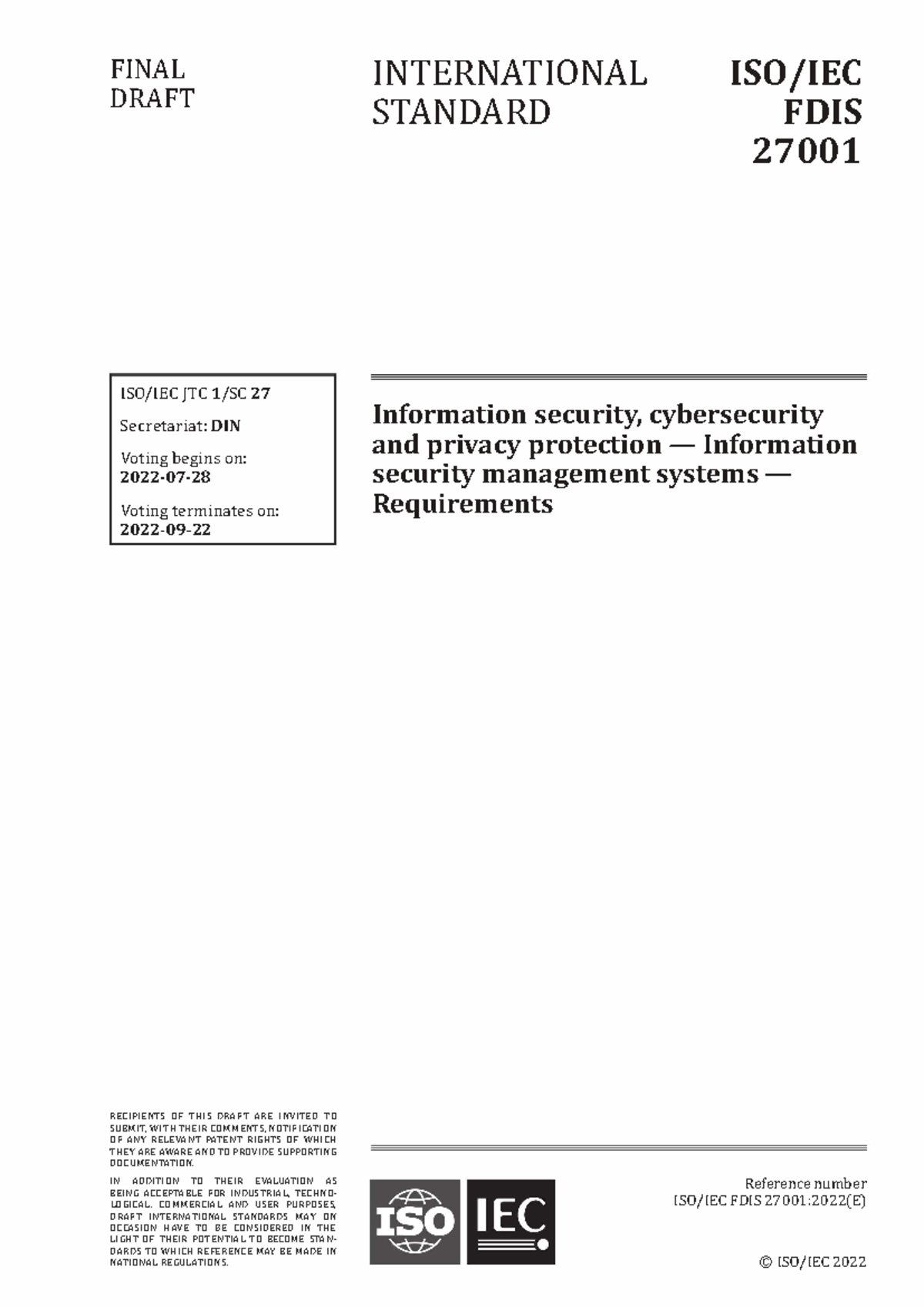 27001-2022 - Production Systems Modelling MEC-E7001 - FINAL DRAFT ISO/IEC JTC 1/SC 27 ...