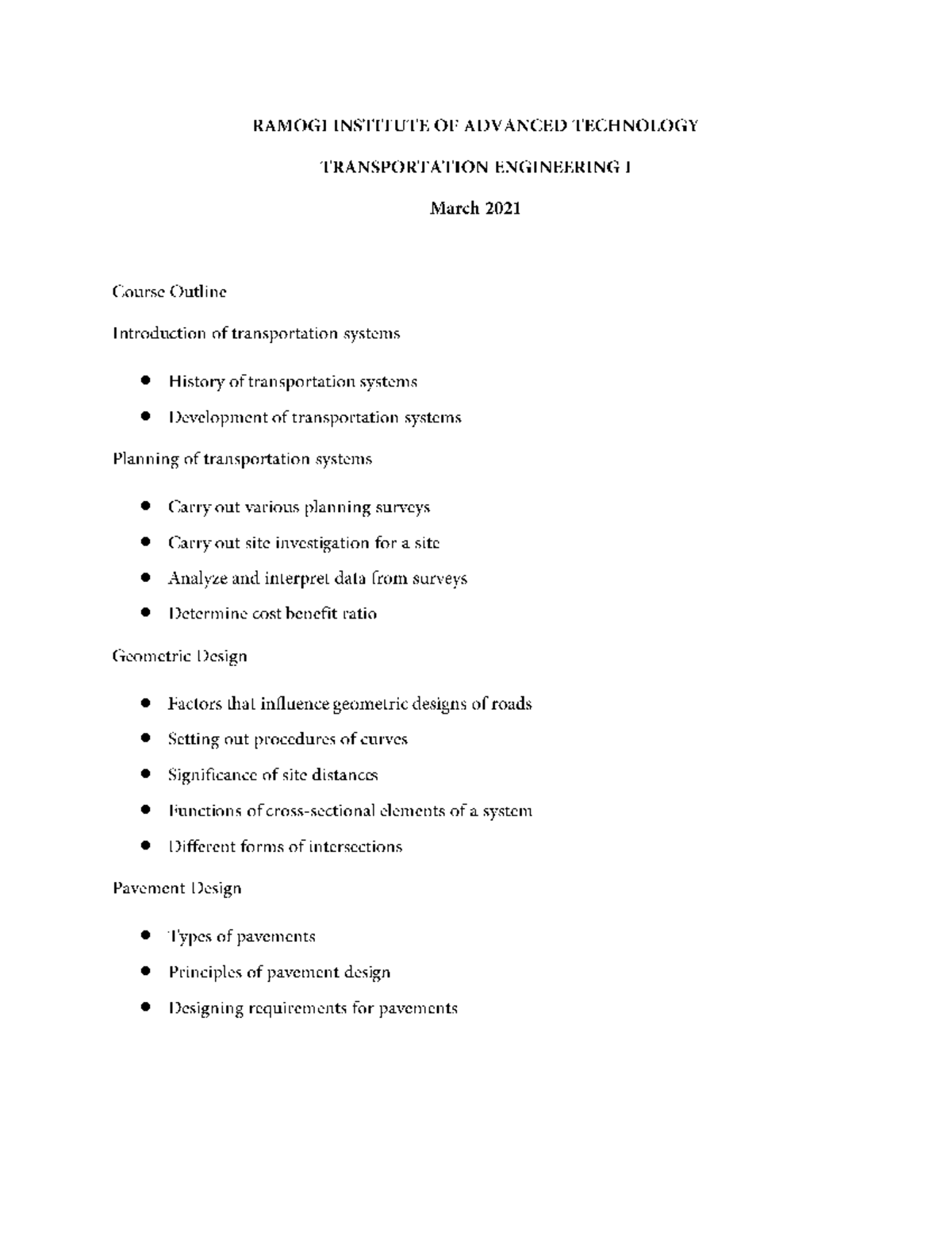 Transportation 1 Course outline-1 - RAMOGI INSTITUTE OF ADVANCED ...