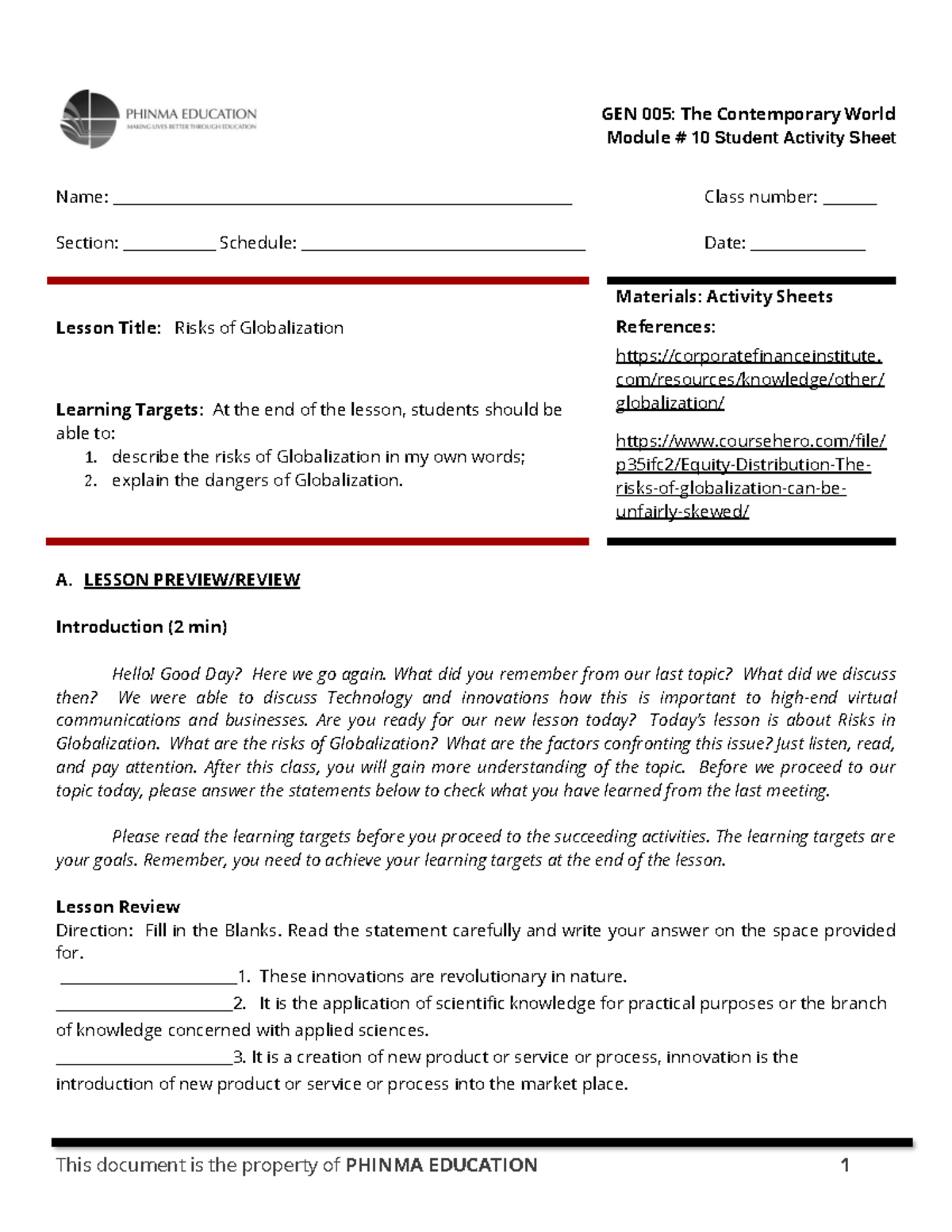 Gen 10 - ans - Module # 10 Student Activity Sheet Name: - Studocu