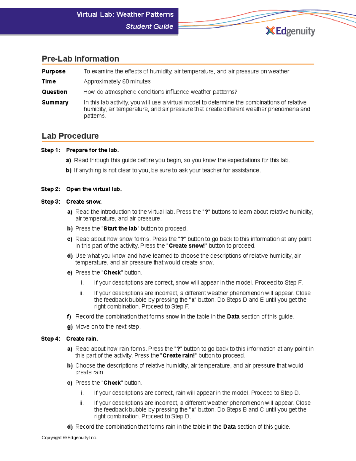 Weather Patterns Student Virtual Lab G - Pre-Lab Information Purpose To ...