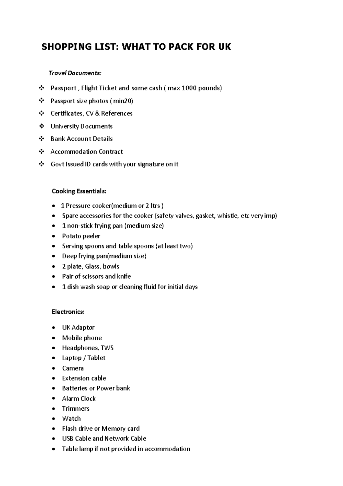 International Students Shopping LIST AND Other INFO - SHOPPING LIST ...