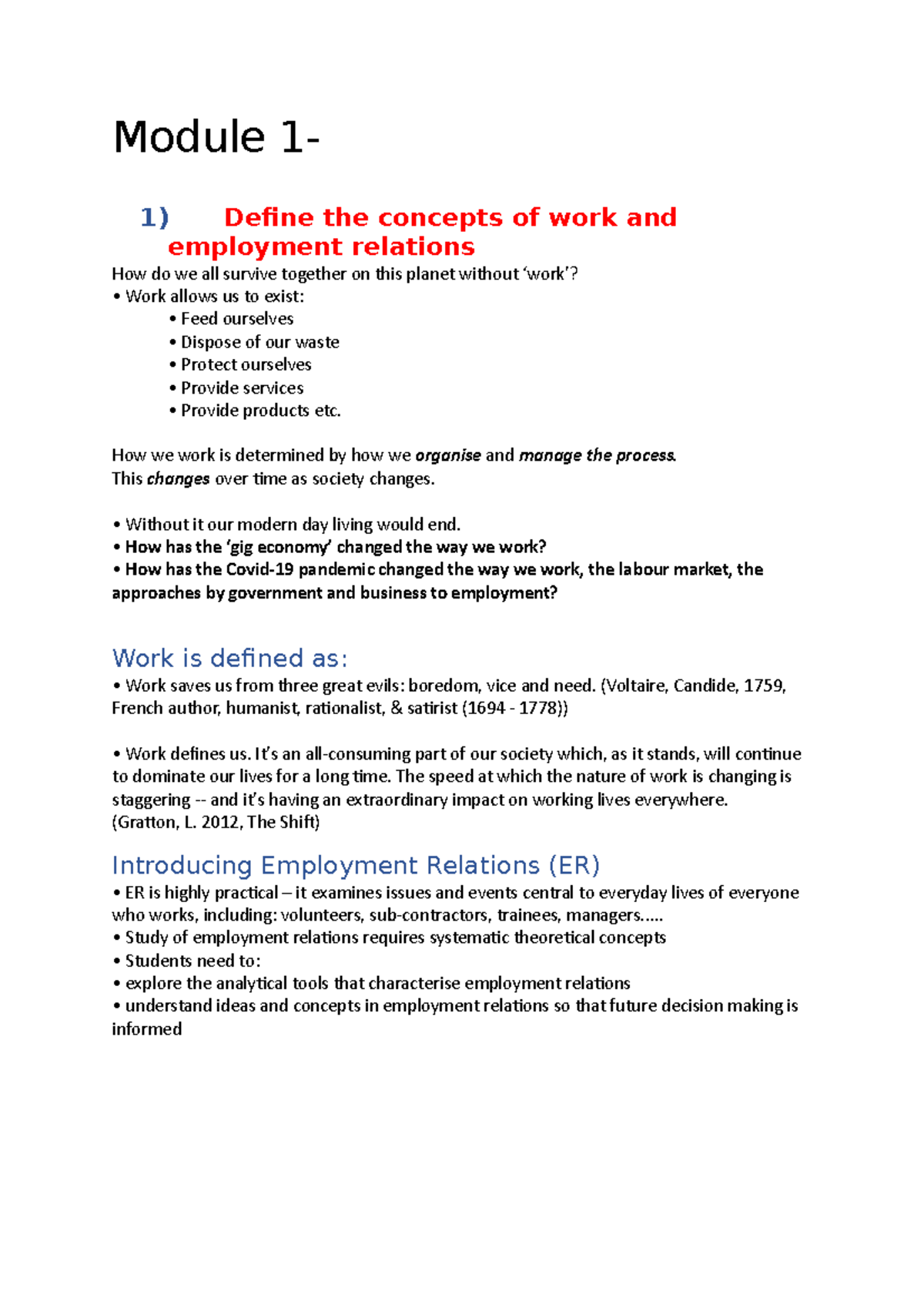 M1- Frameworks of Employment Relations - Module 1- 1) Define the ...