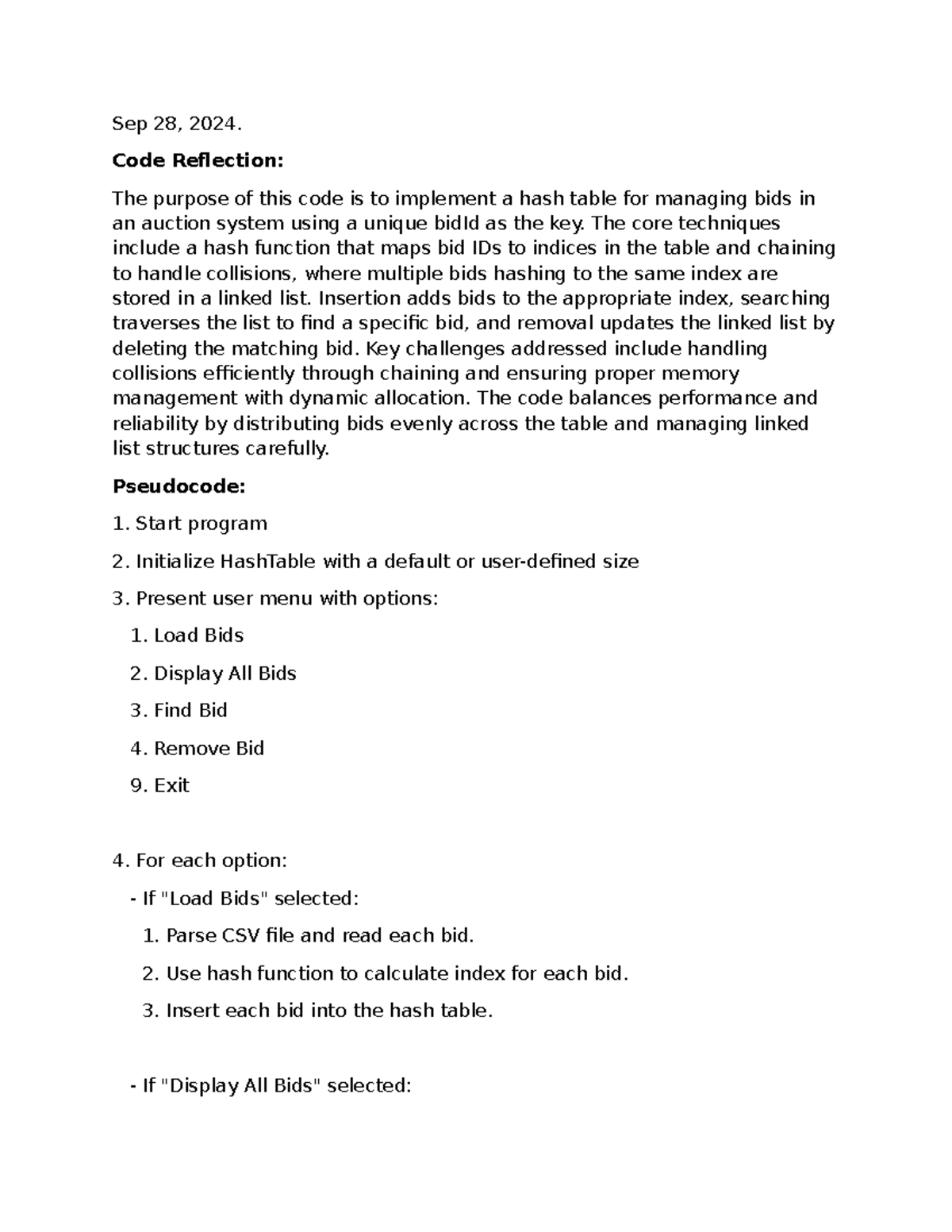Module Four Assignment - Sep 28, 2024. Code Reflection: The purpose of this code is to implement ...