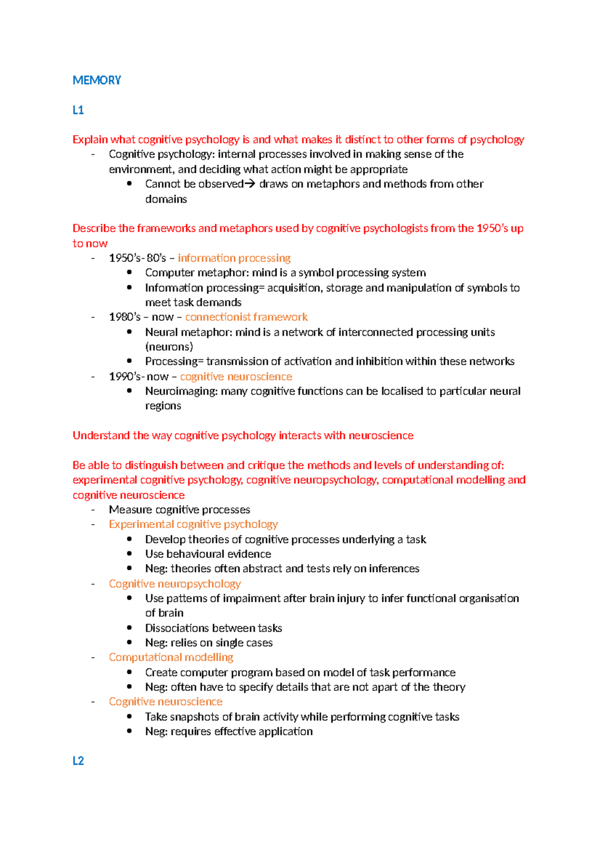 PSYC2016 notes - MEMORY L Explain what cognitive psychology is and what ...