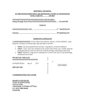 Sample Plaint - REPUBLIC OF KENYA IN THE HIGH COURT AT MERU CIVIL SUIT ...