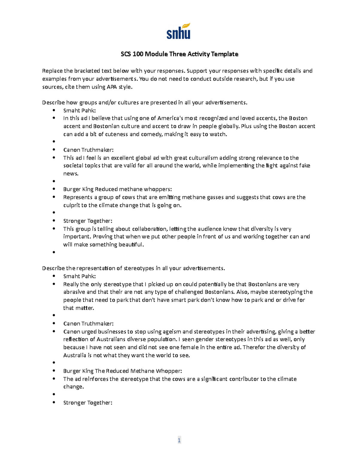 THE First SAVE SCS 100 Module Three Activity Template - SCS 100 - SNHU ...