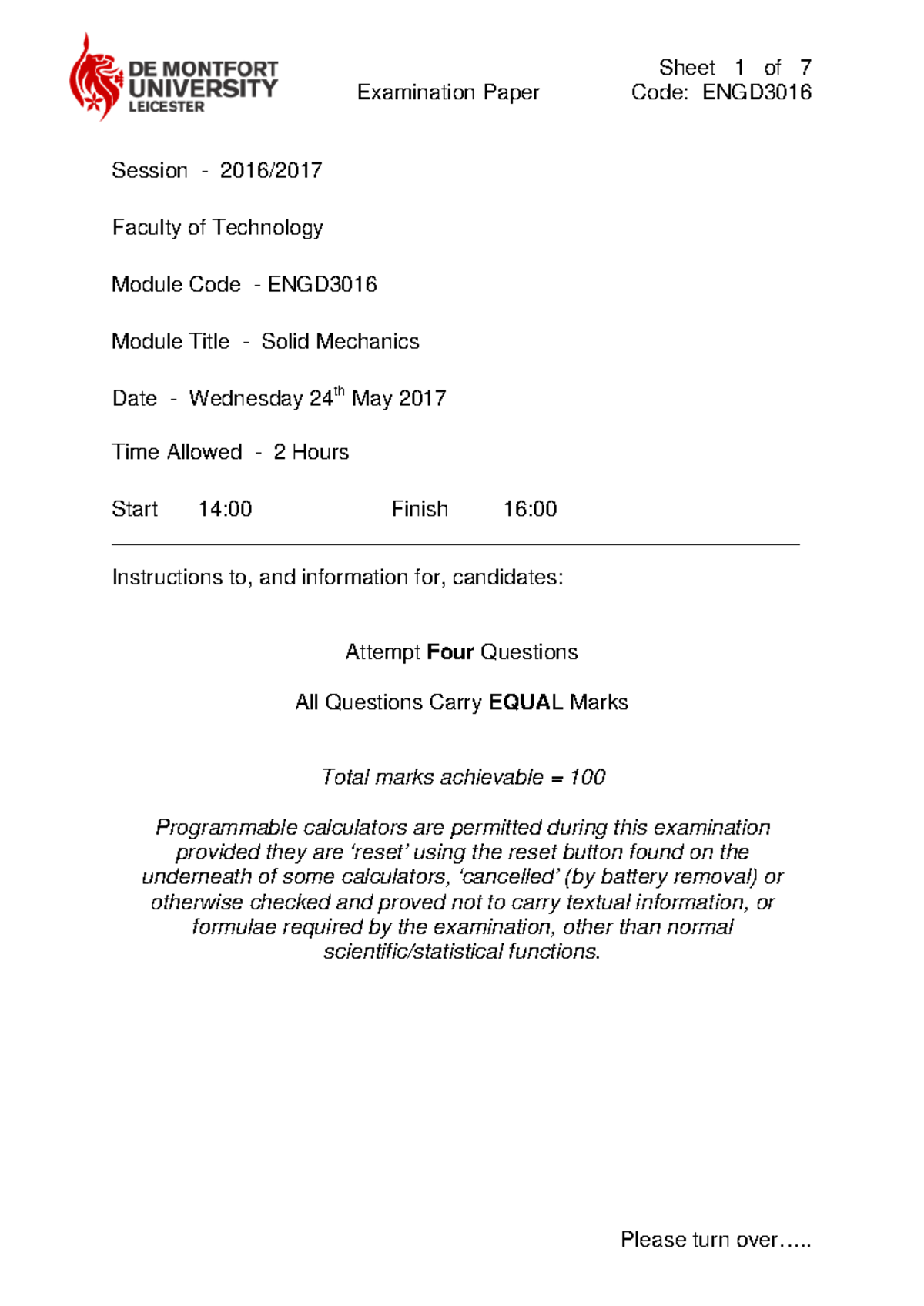 ENGD3016 2017 Exam - Examination Paper Code: ENGD Session - 20 16/201 7 ...