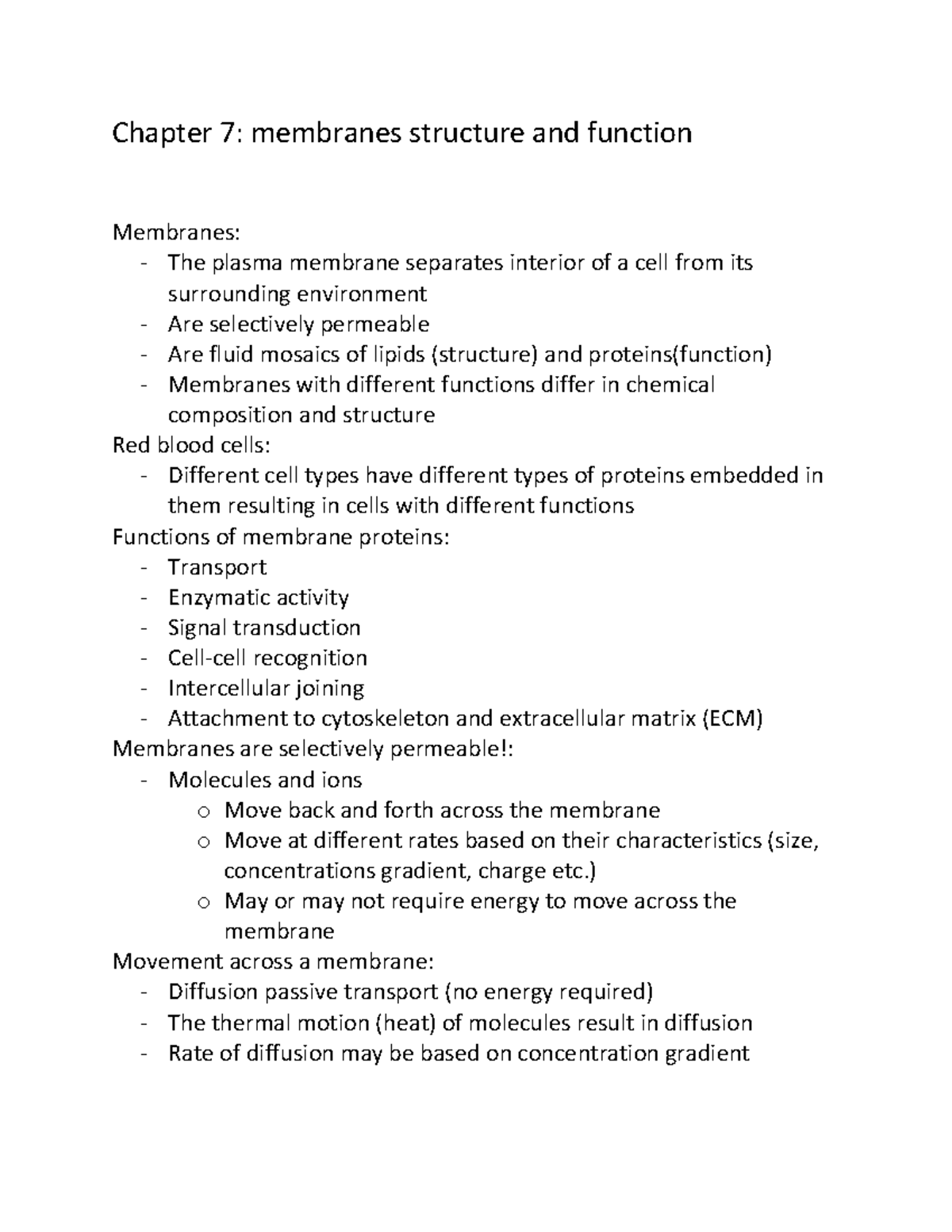 Chapter 7 notes - Membranes: structure and functions - Zeman - Chapter ...