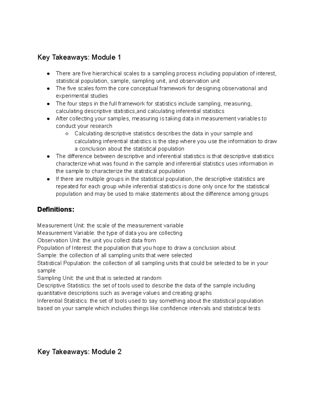 Stats Reading Notes 1 - Key Takeaways: Module 1 There are five ...