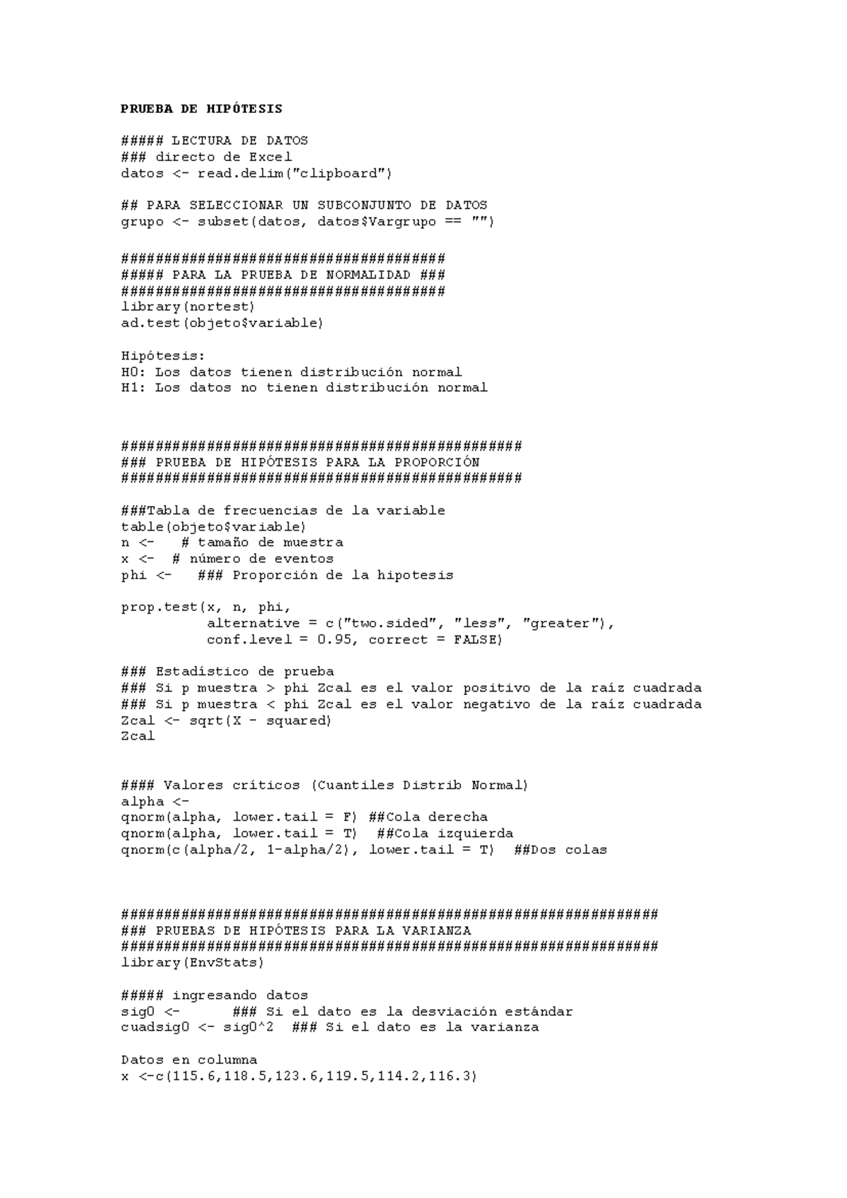 Script PH - escrip para examen 1 - PRUEBA DE HIPÓTESIS ##### LECTURA DE ...