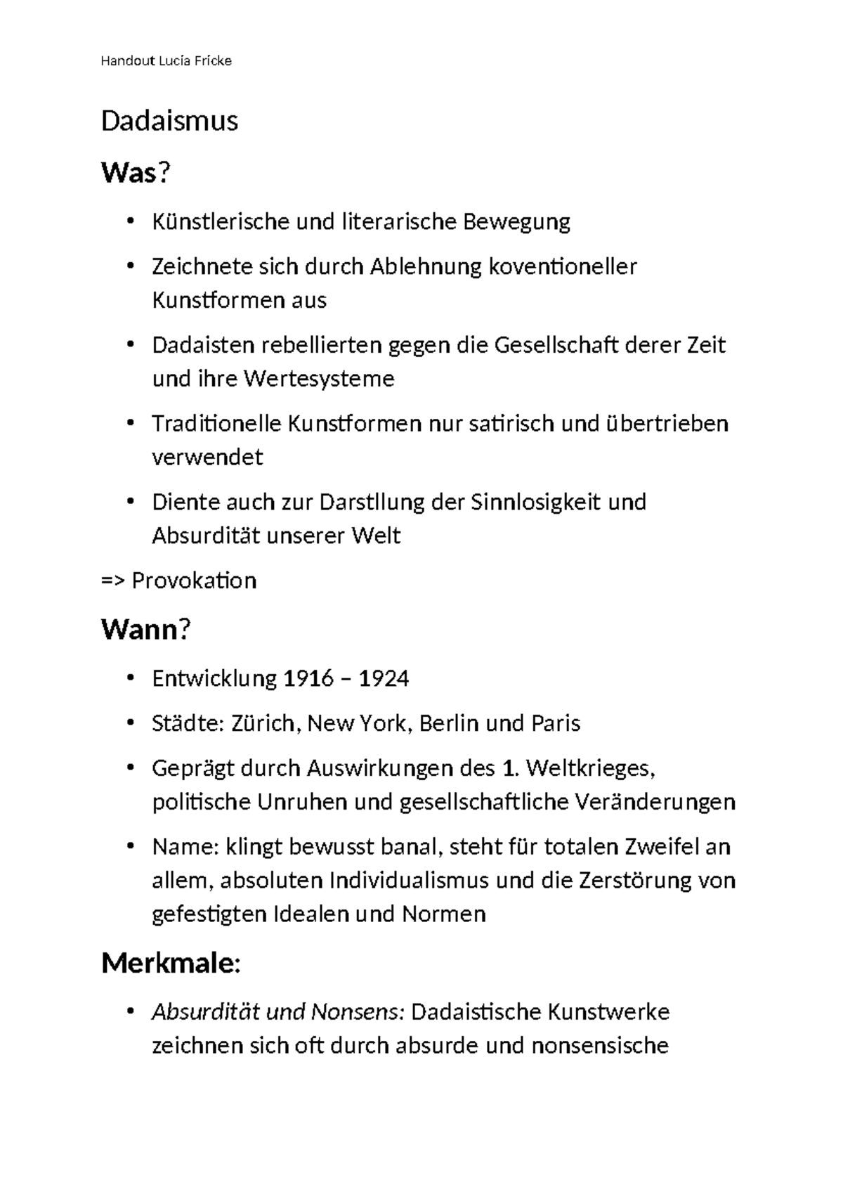 Dadaismus Handout - Dadaismus Was? • Künstlerische und literarische ...