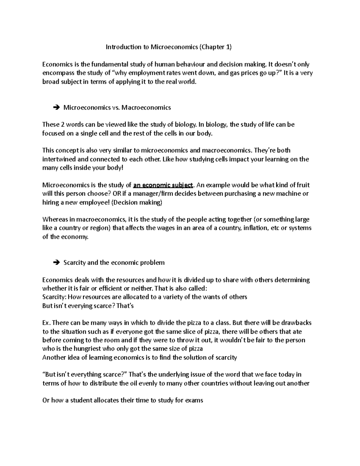 Introduction to Microeconomics rough notes - Introduction to ...