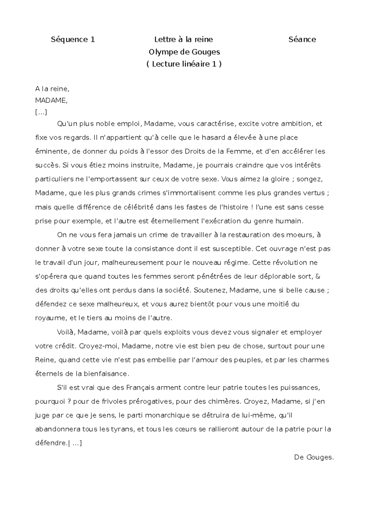 Textes Oraux 1è GB 2024 1 à 13 - Séquence 1 Lettre à la reine Séance ...