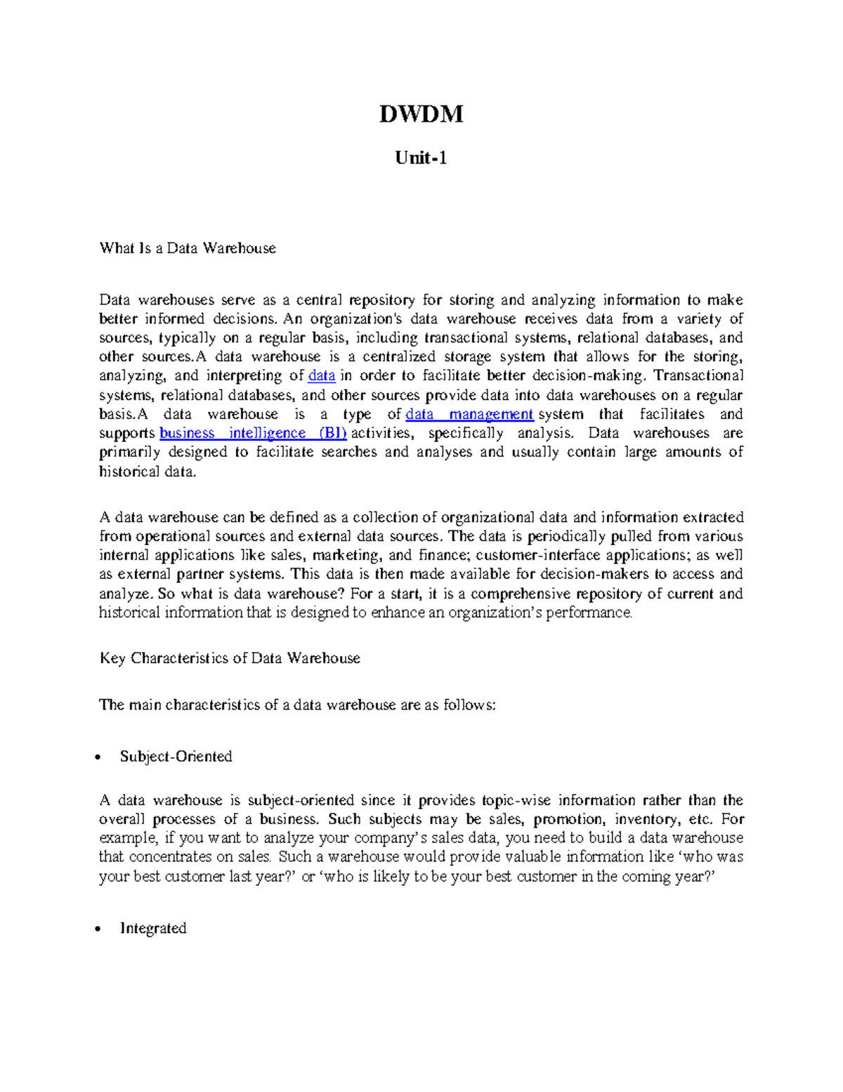 DWDM u-1 - It is helpful in exam point of view - DWDM Unit- 1 What Is a Data Warehouse Data ...
