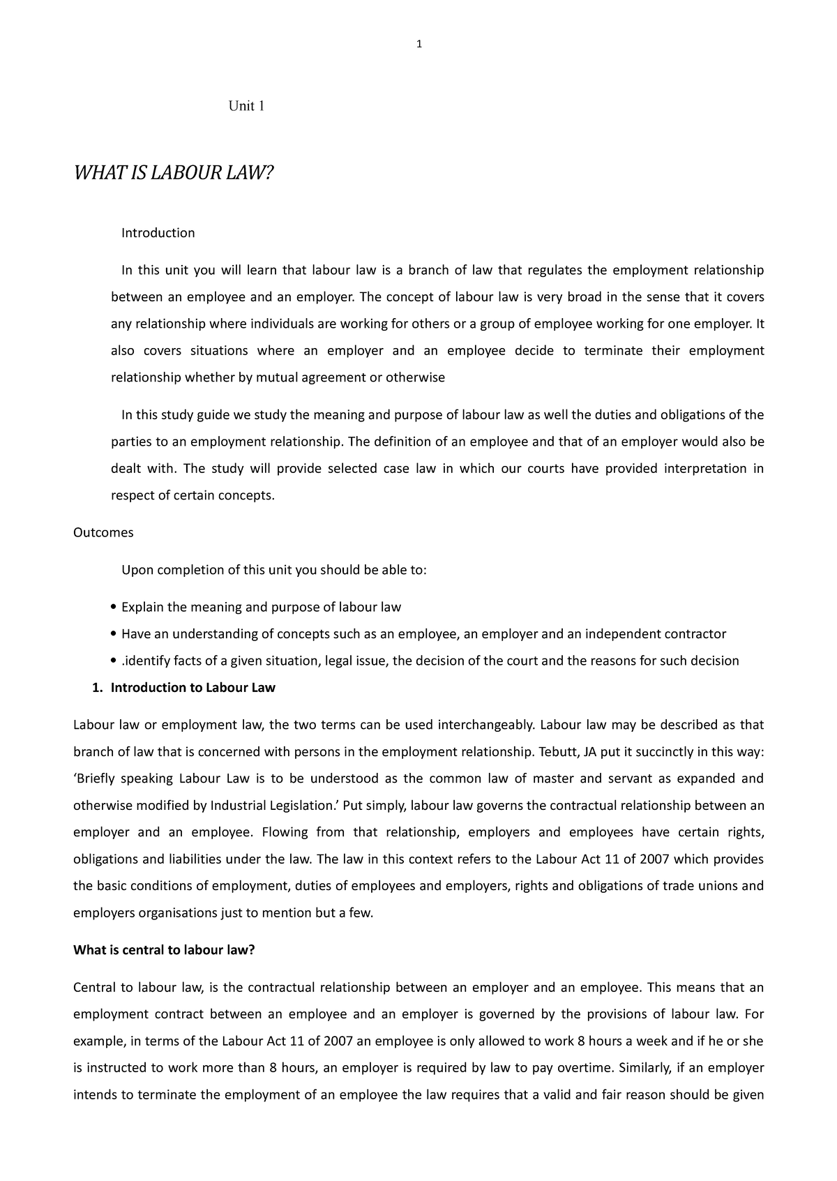 Godwin document 2 Labour law 2019 - Unit 1 WHAT IS LABOUR LAW ...