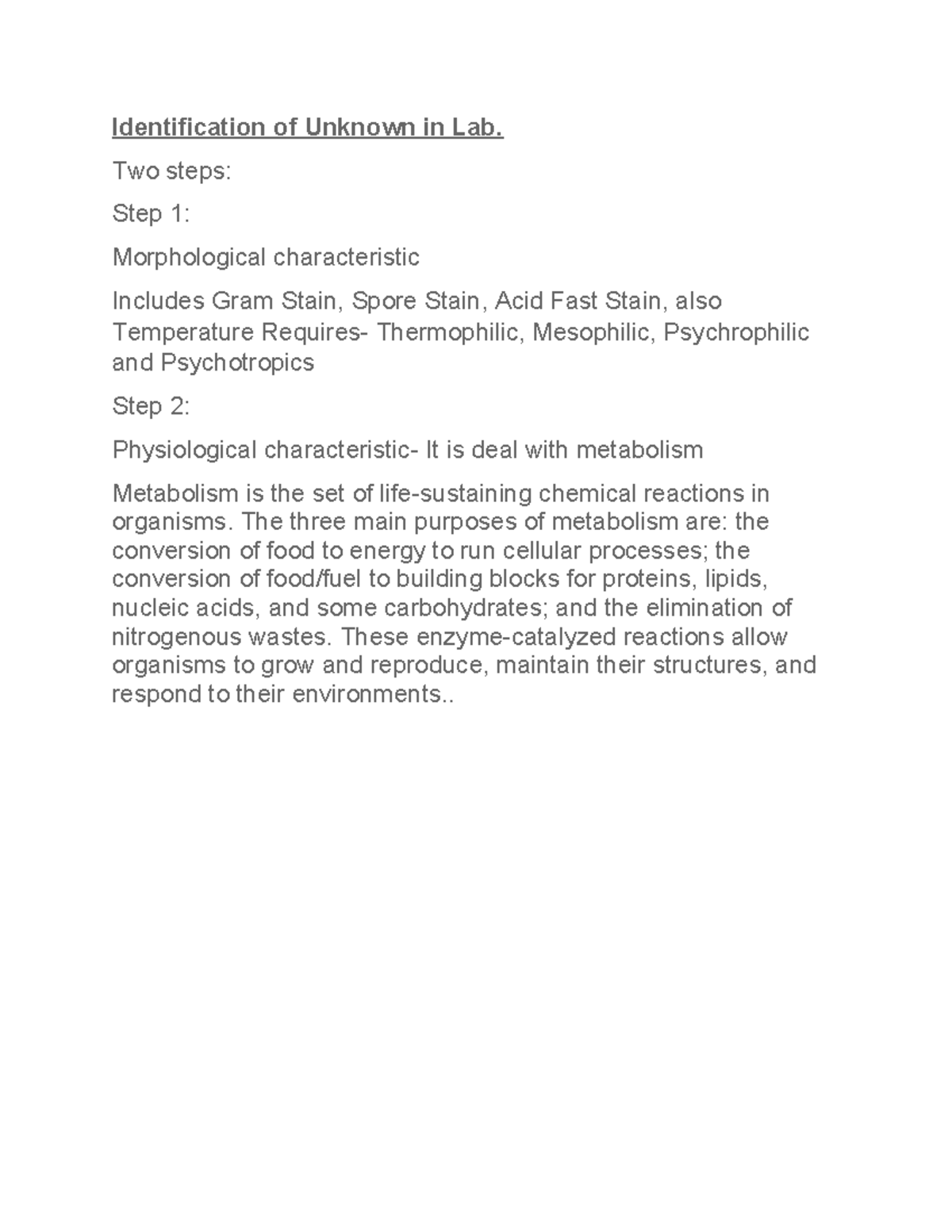 NOTE FOR LAB EXAM - Identification of Unknown in Lab. Two steps: Step 1 ...