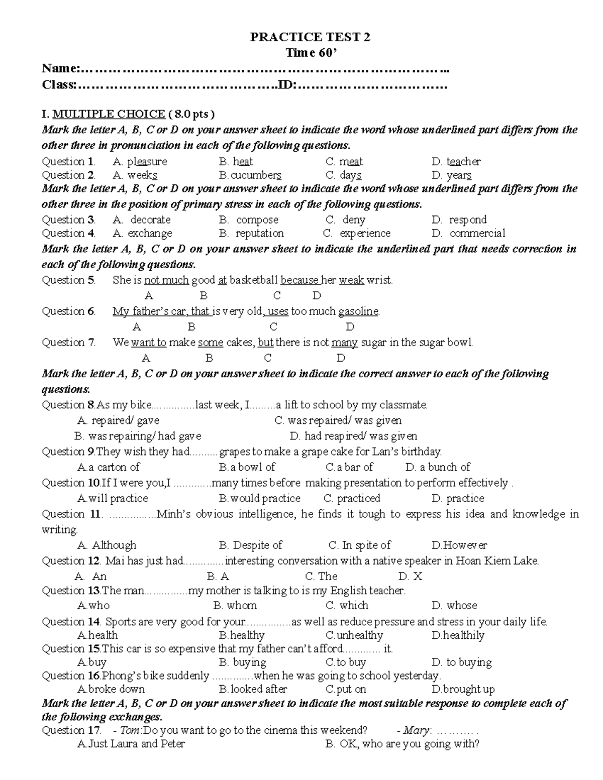 De2 - đề hay - PRACTICE TEST 2 Time 60’ - Studocu