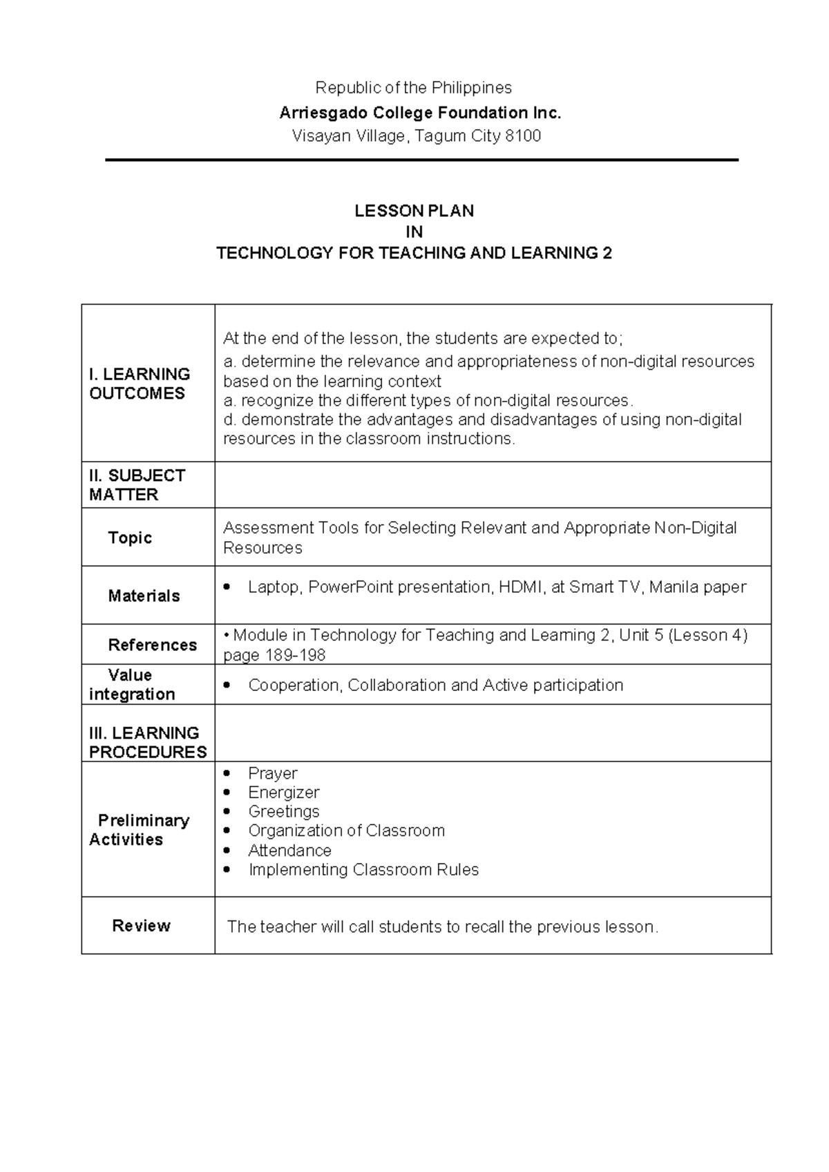 Lesson PLAN TTL2 UNIT5 Lesson 4 - LESSON PLAN IN TECHNOLOGY FOR TEACHING AND LEARNING 2 I ...