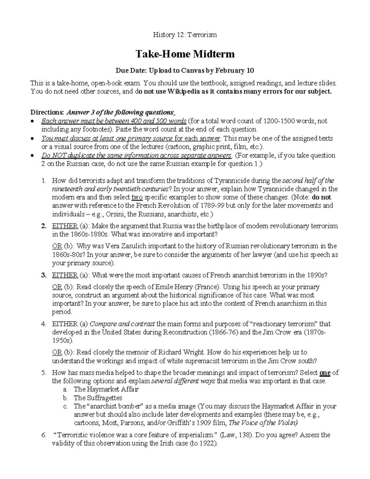 T midterm 2023 - eqeq - History 12: Terrorism Take-Home Midterm Due ...