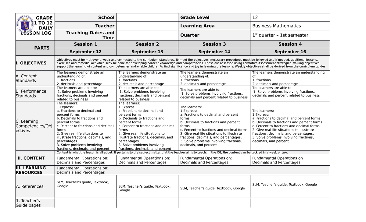 Sept 12-16 - DLL - GRADE 11 TO 12 DAILY LESSON LOG School Grade Level ...
