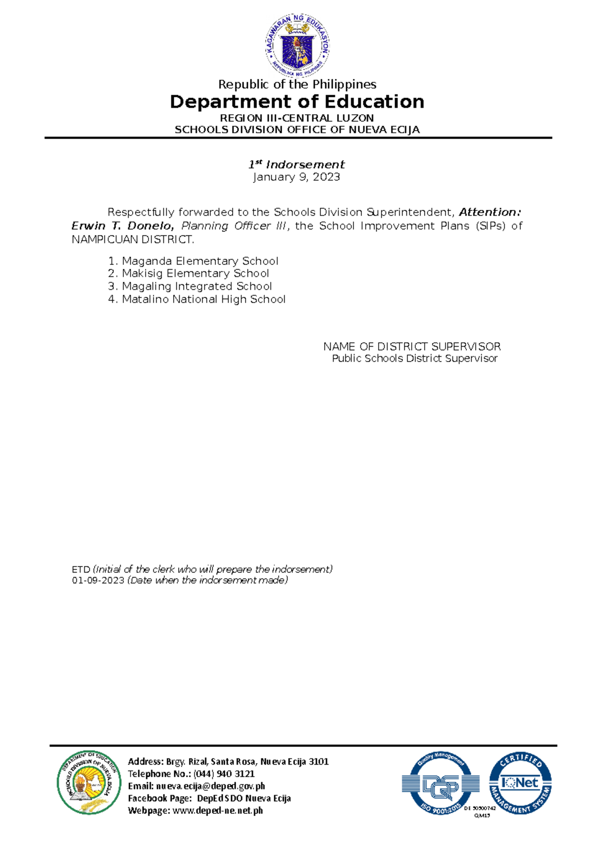 1st-Indorsement-sip - SCHOO REPORT - Republic of the Philippines ...