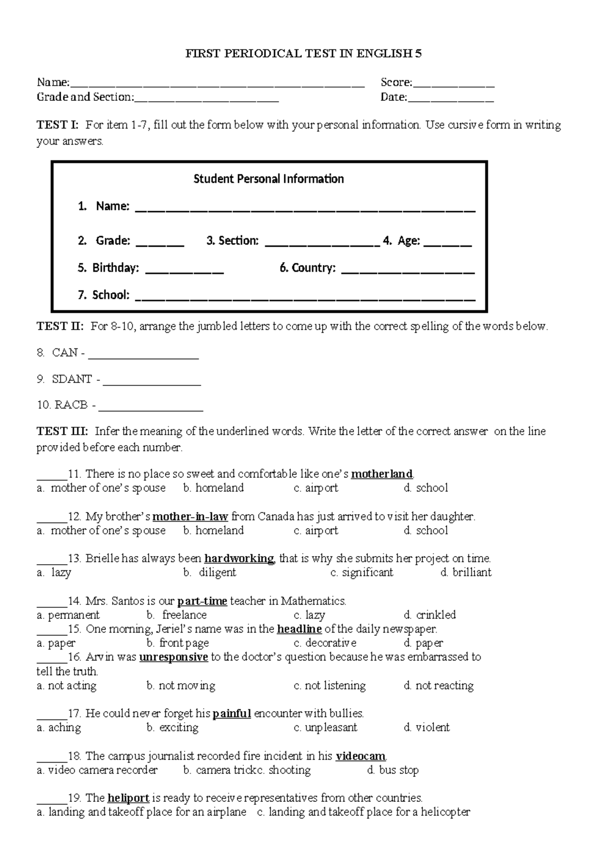 English Q1 TEST - FIRST PERIODICAL TEST IN ENGLISH 5 - Studocu