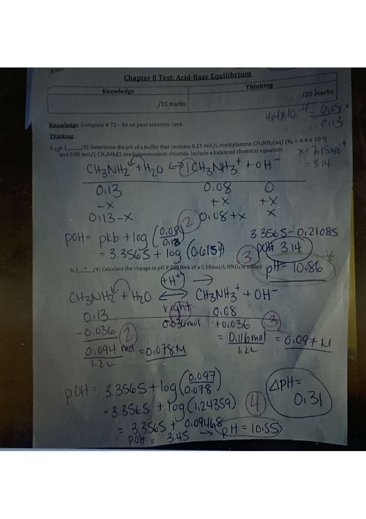 CHEM ACID BASE TEST 2 PAGE 2 - SCH4U Chapter 8 Test: Equilibrium ...