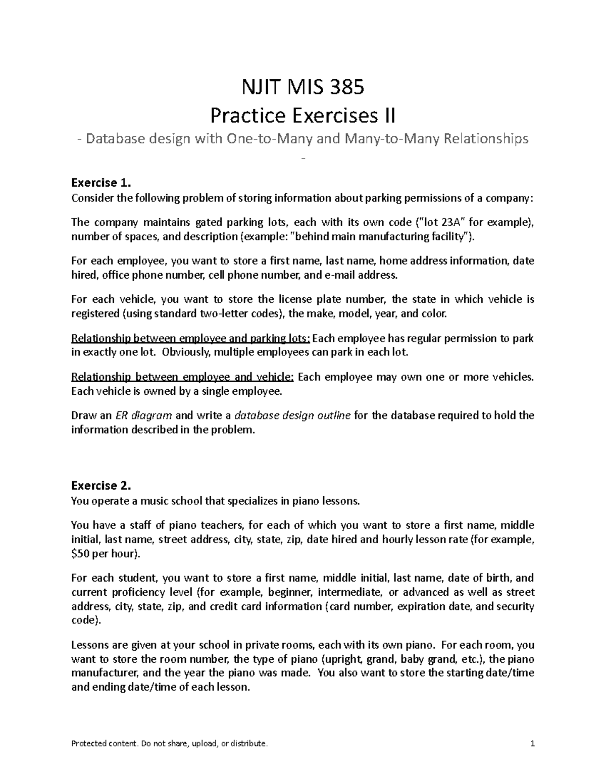 Practice Exercises II - NJIT MIS 385 Practice Exercises II - Database design with One-to-Many ...