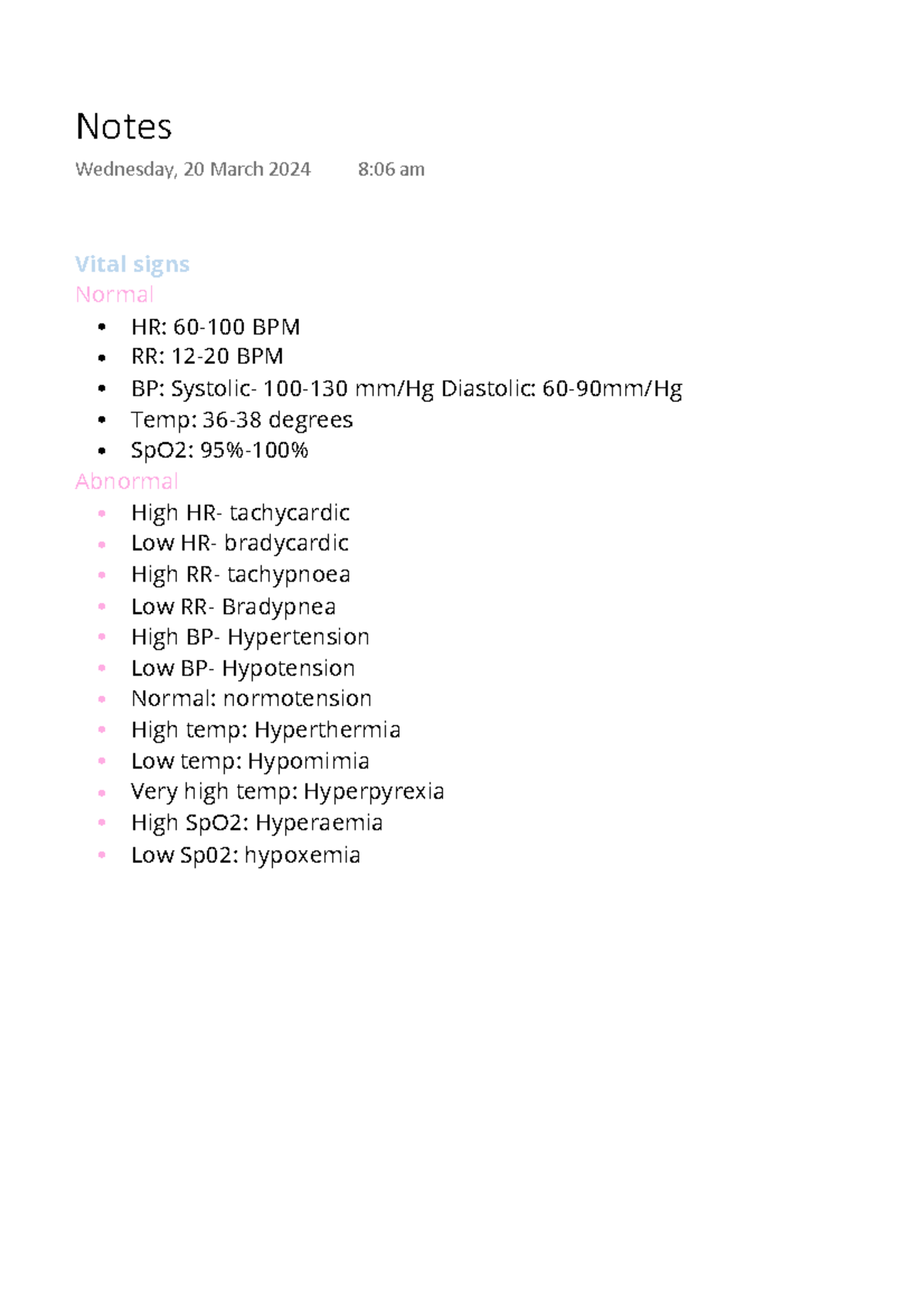 Vital signs HNN112 - Vital signs Normal • HR: 60-100 BPM • RR: 12-20 ...