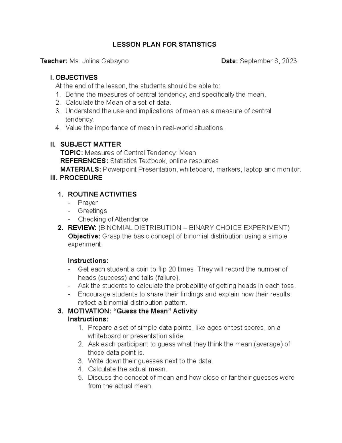 Lesson PLAN FOR Statistics - LESSON PLAN FOR STATISTICS Teacher: Ms ...