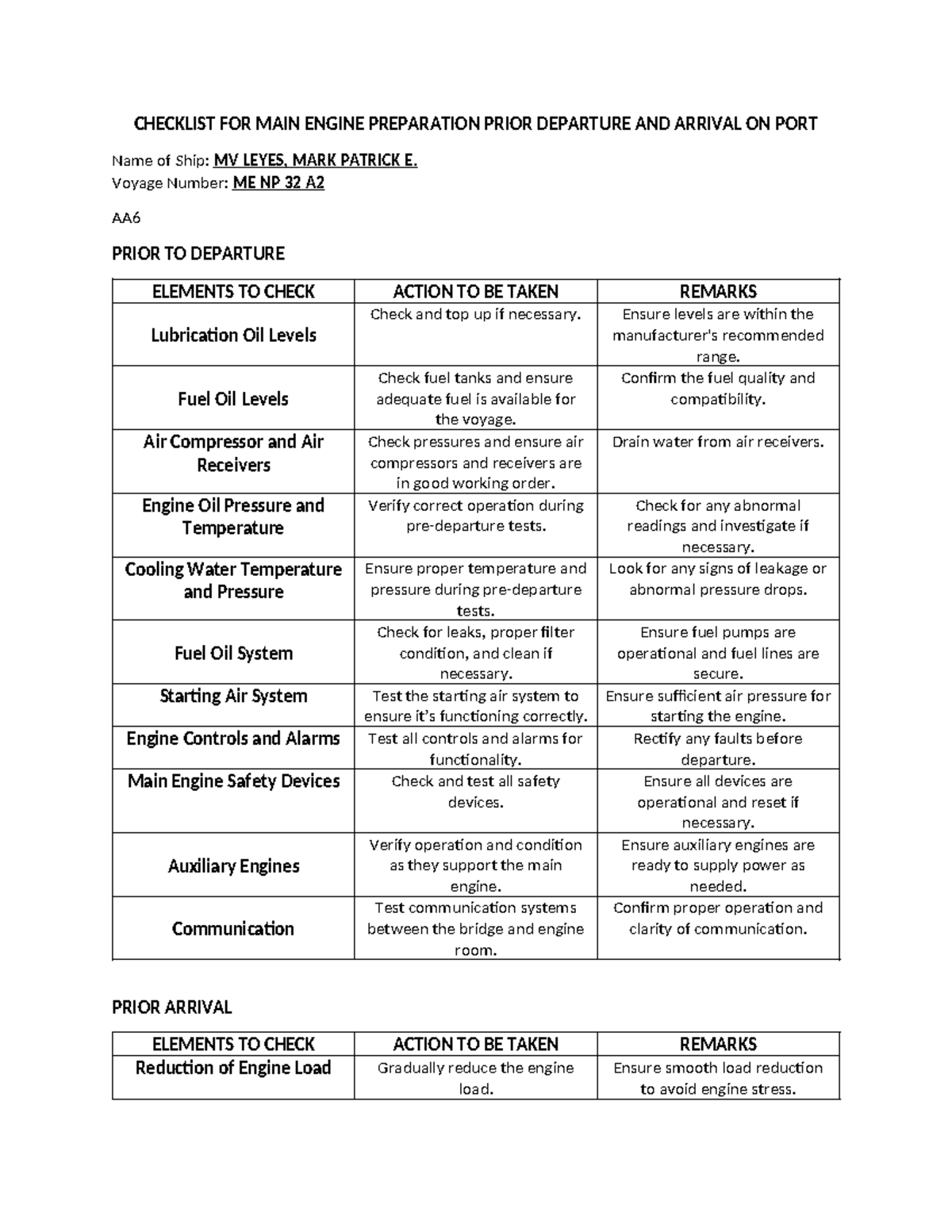 Checklist FOR MAIN Engine Preparation Prior Departure AND Arrival ON ...