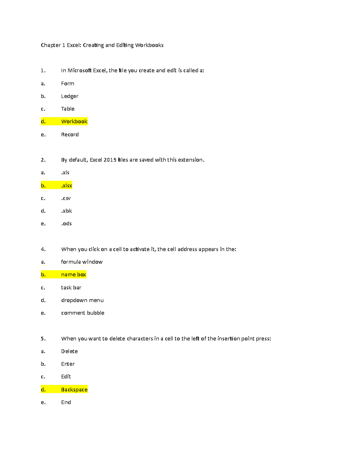 Excel exam 1 study guide - Chapter 1 Excel: Creating and Editing Workbooks In Microsoft Excel ...