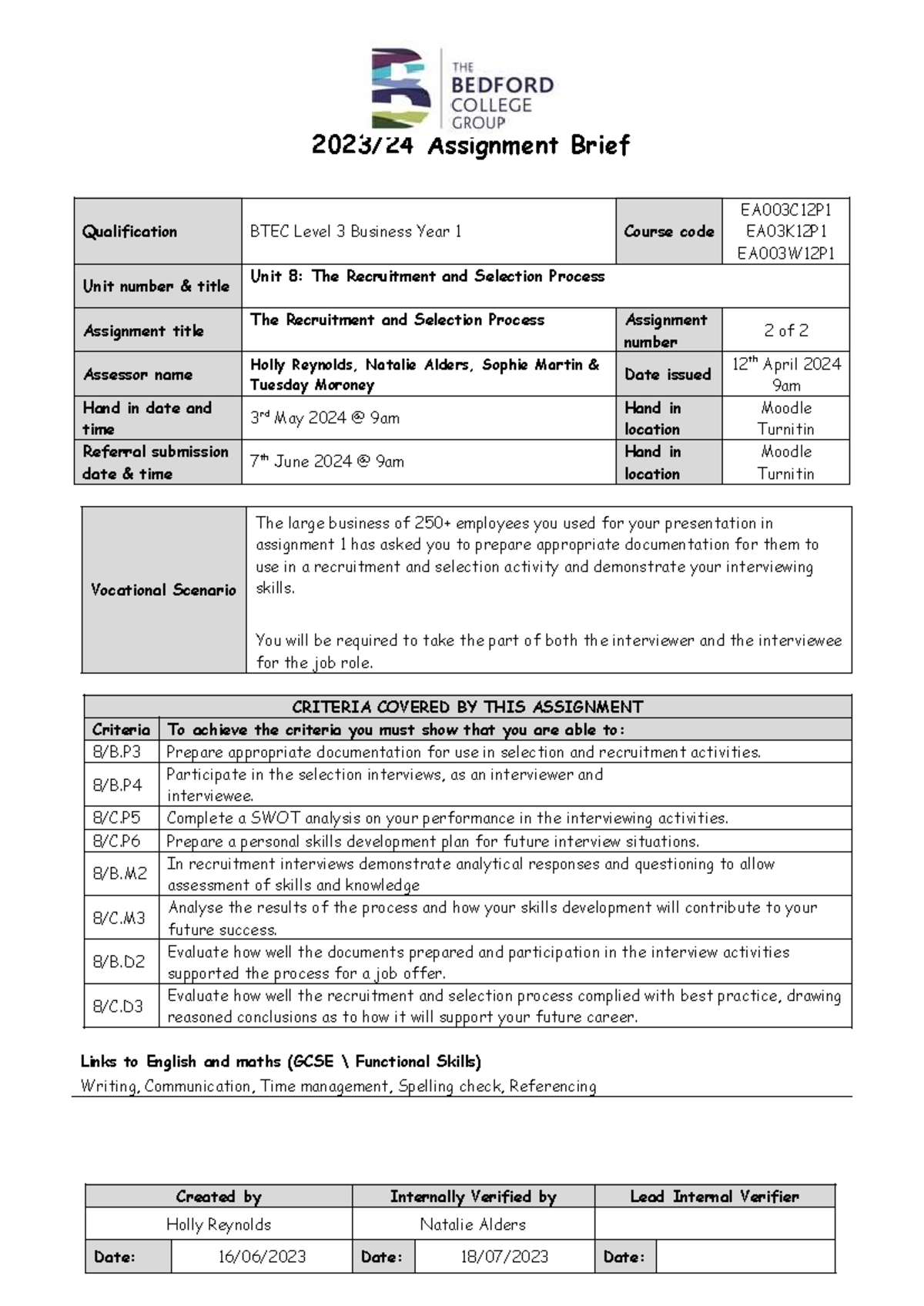 U8 A2 brief - 2023/24 Assignment Brief Qualification BTEC Level 3 ...