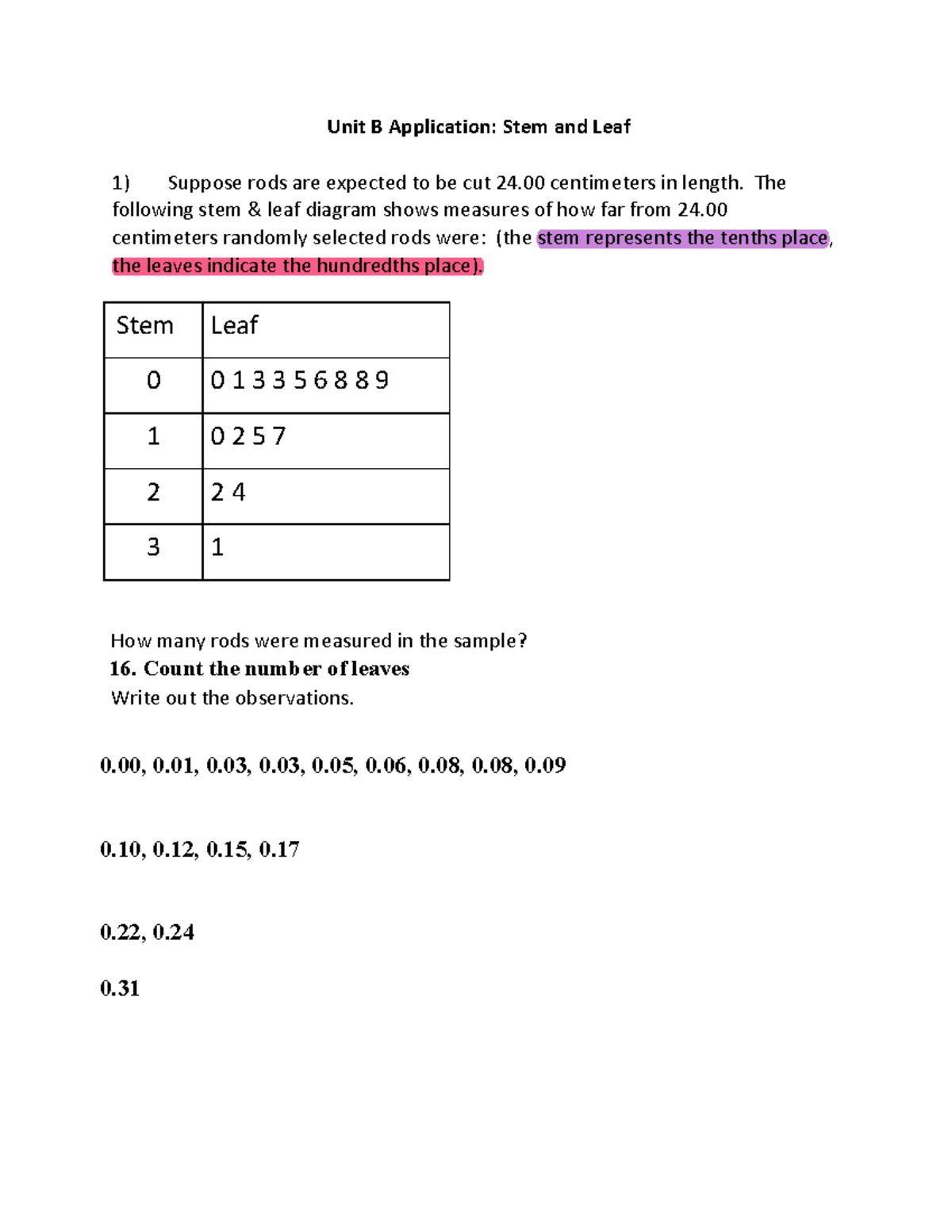 Unit B Application Stem and Leaf - The following stem & leaf diagram ...