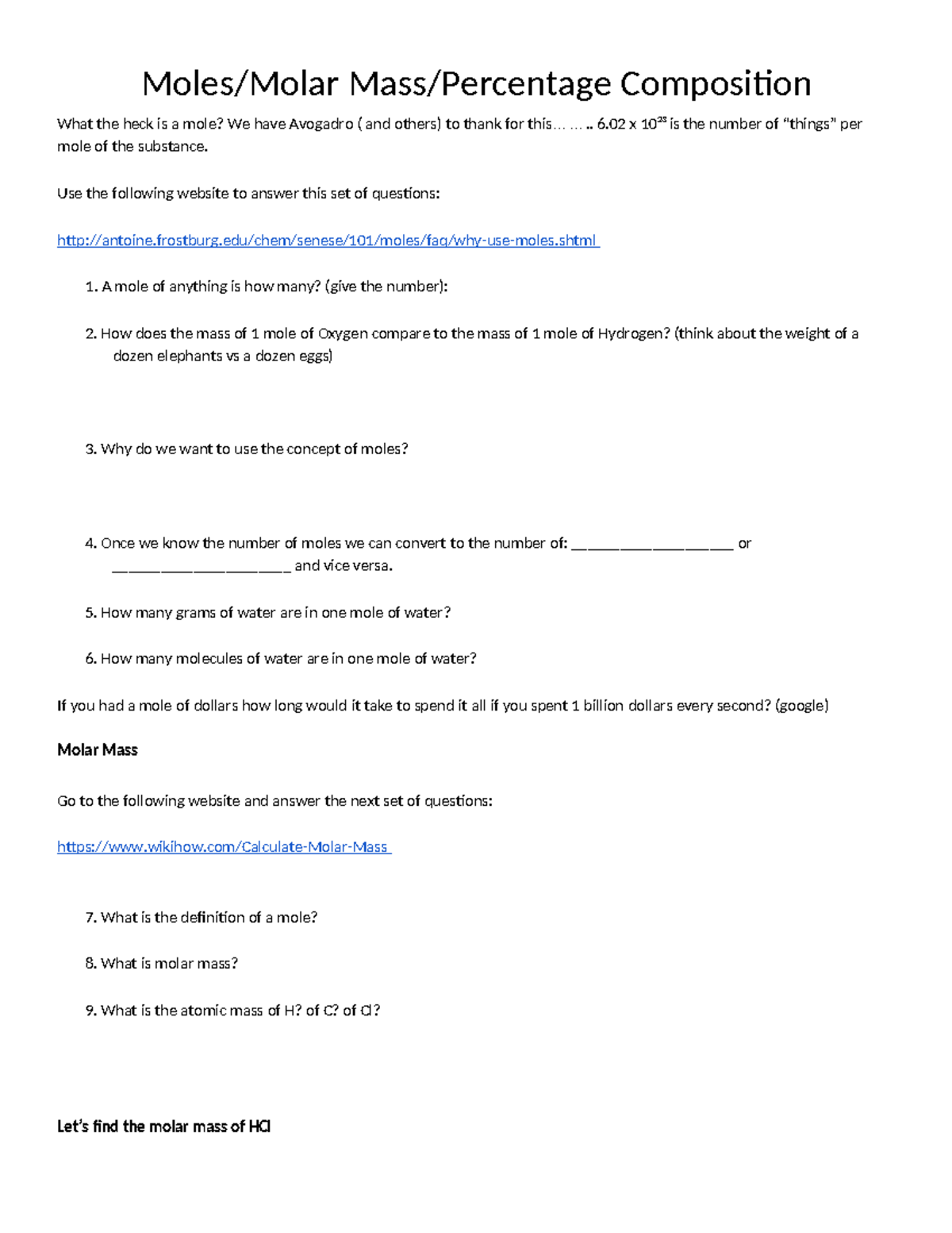 Moles Webquest - for me - Moles/Molar Mass/Percentage Composition What ...