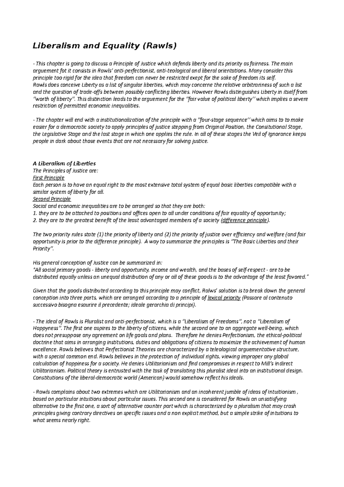 5. Liberalism and Equality (Rawls) - The main arguement fot it consists ...