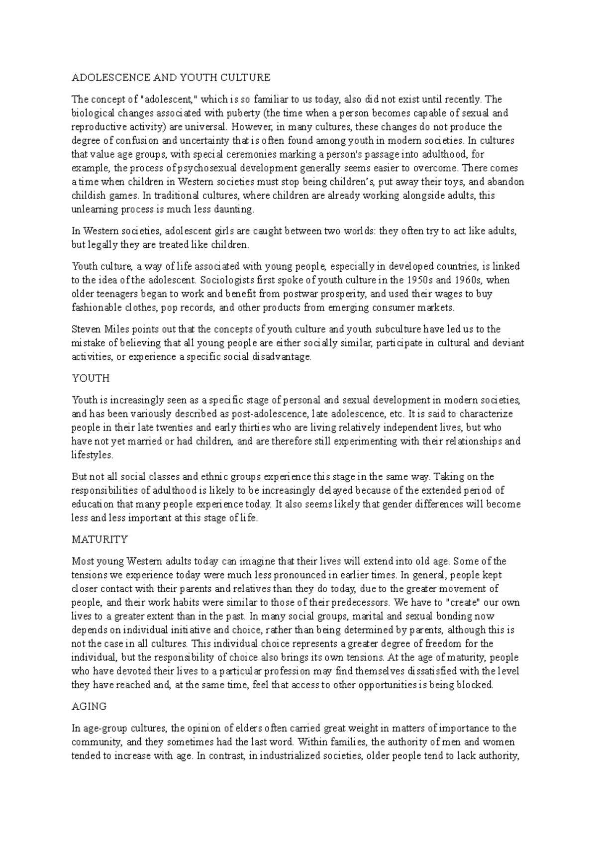 Adolescence AND Youth Culture - ADOLESCENCE AND YOUTH CULTURE The ...