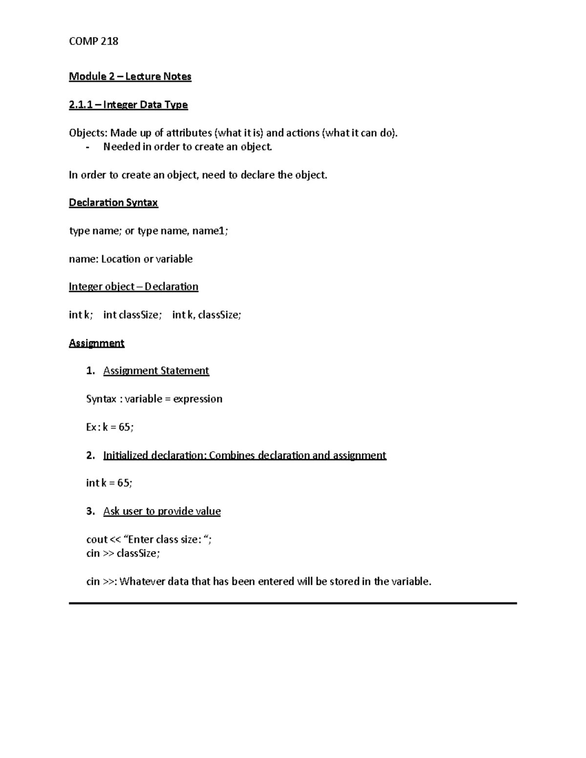 Module 2 - Lecture Notes - COMP 218 - Concordia - Studocu