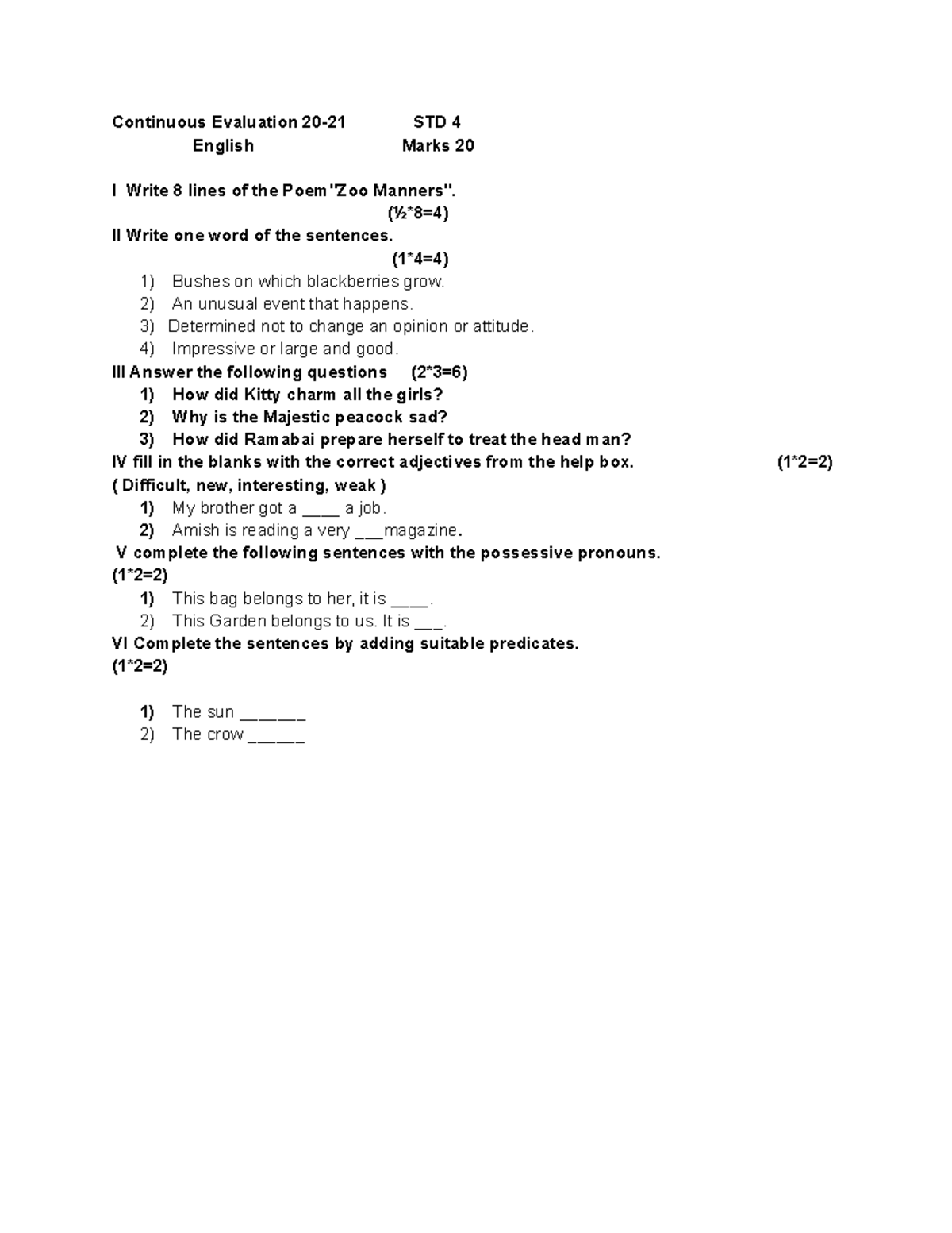 Class 4 Question paper - Rosemistica - Continuous Evaluation 20-21 STD ...