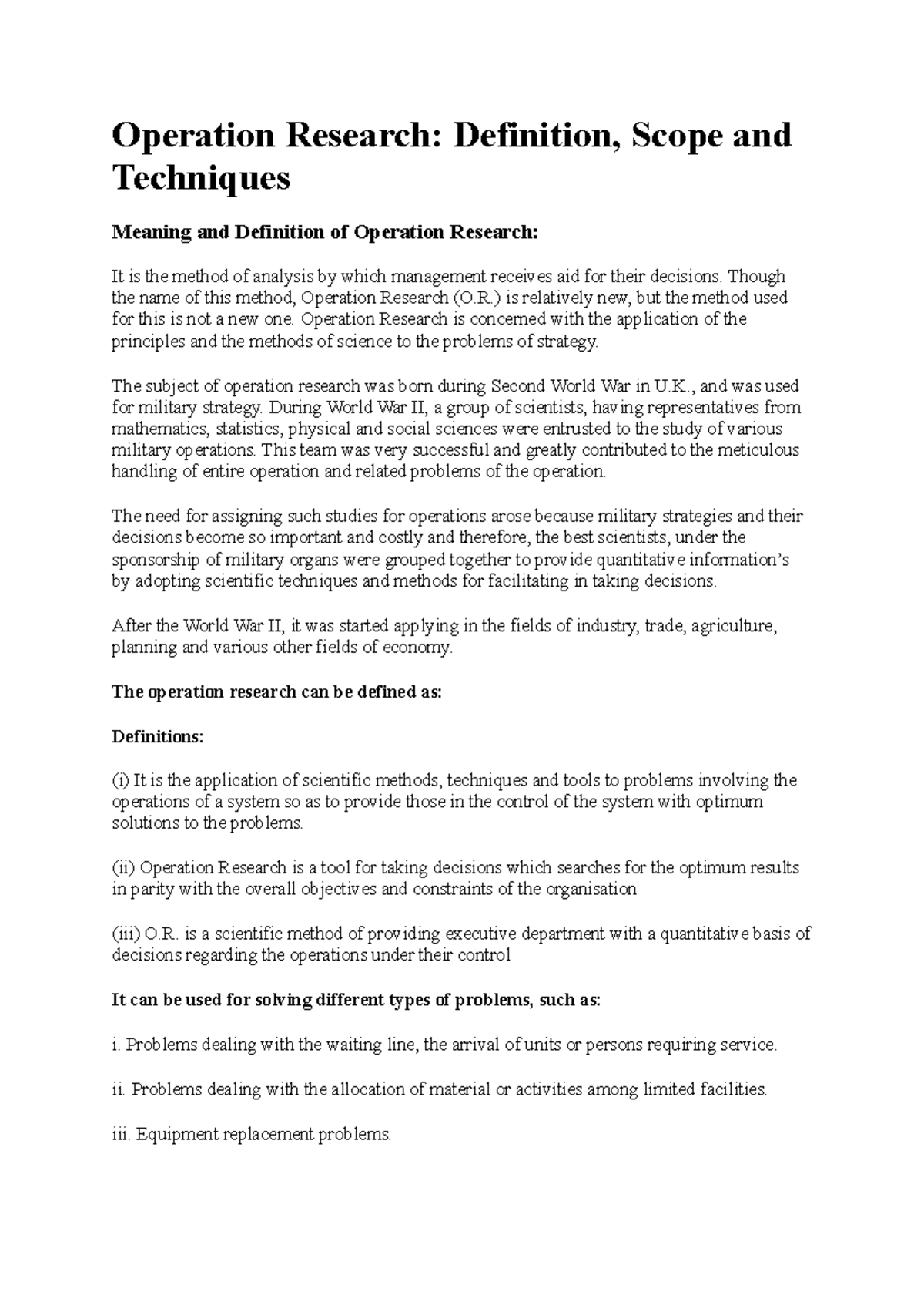 OR Origin, Scope, Models AND Applications - Operation Research ...