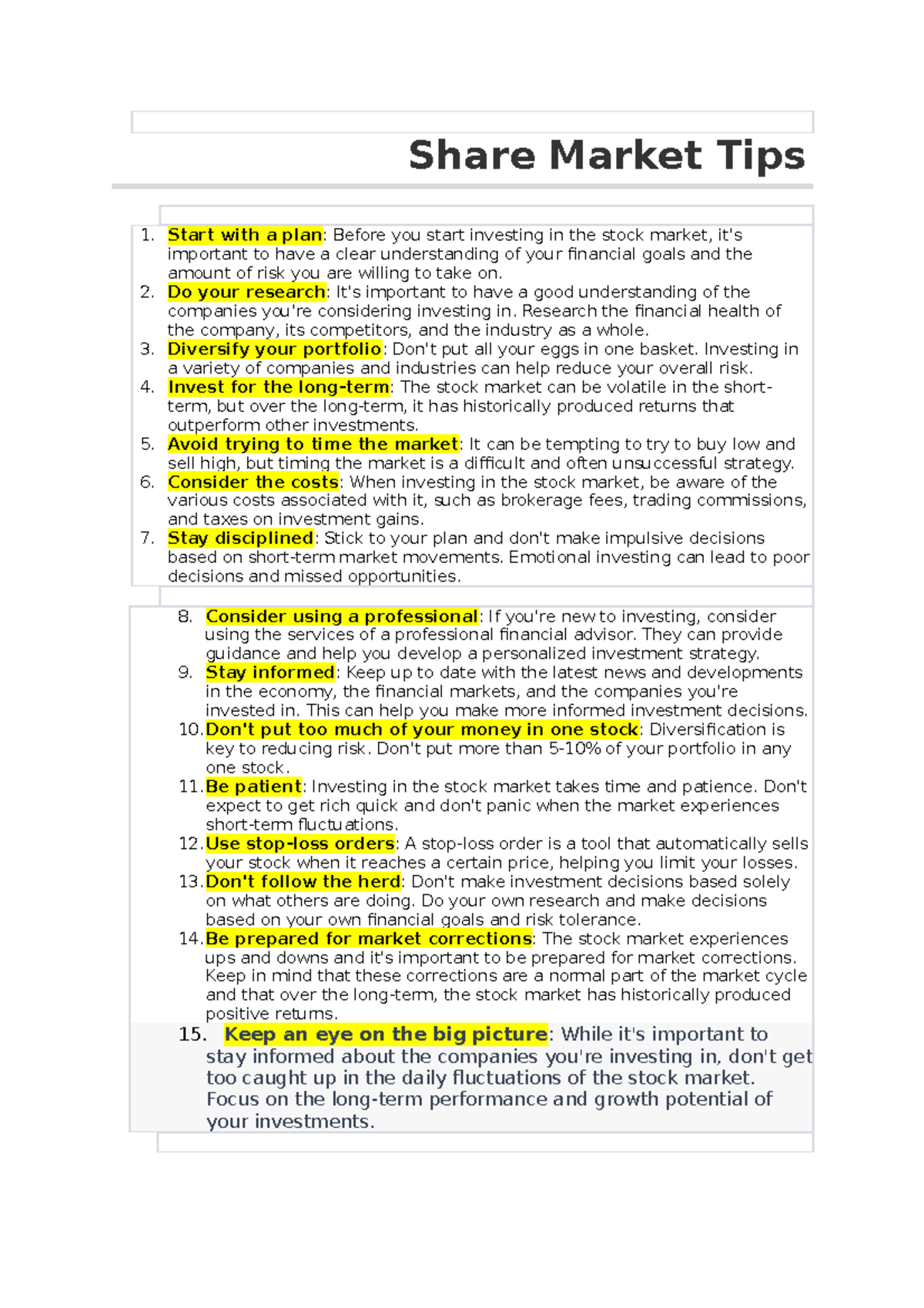 Share Market Tips - Share Market Tips Start with a plan: Before you ...