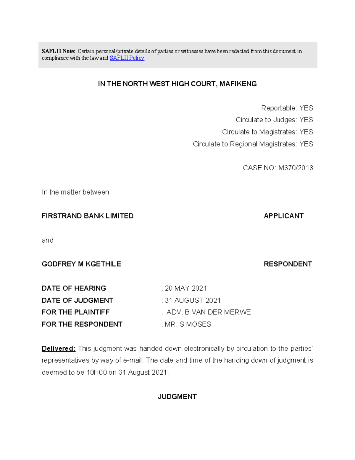 Banker customer relationship 1 - SAFLII Note: Certain personal/private ...