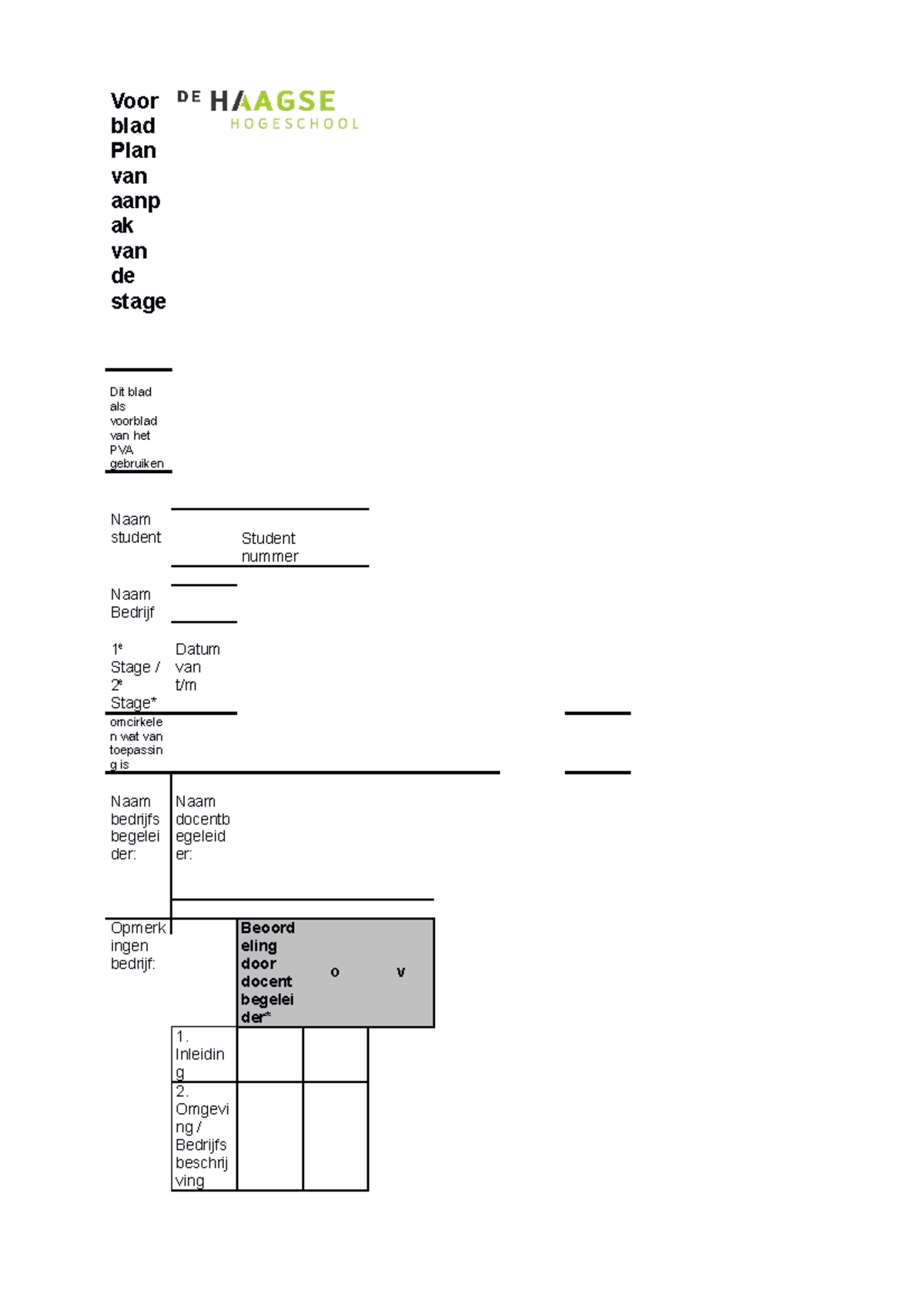 Voorblad Plan van aanpak - Voor blad Plan van aanp ak van de stage Dit ...