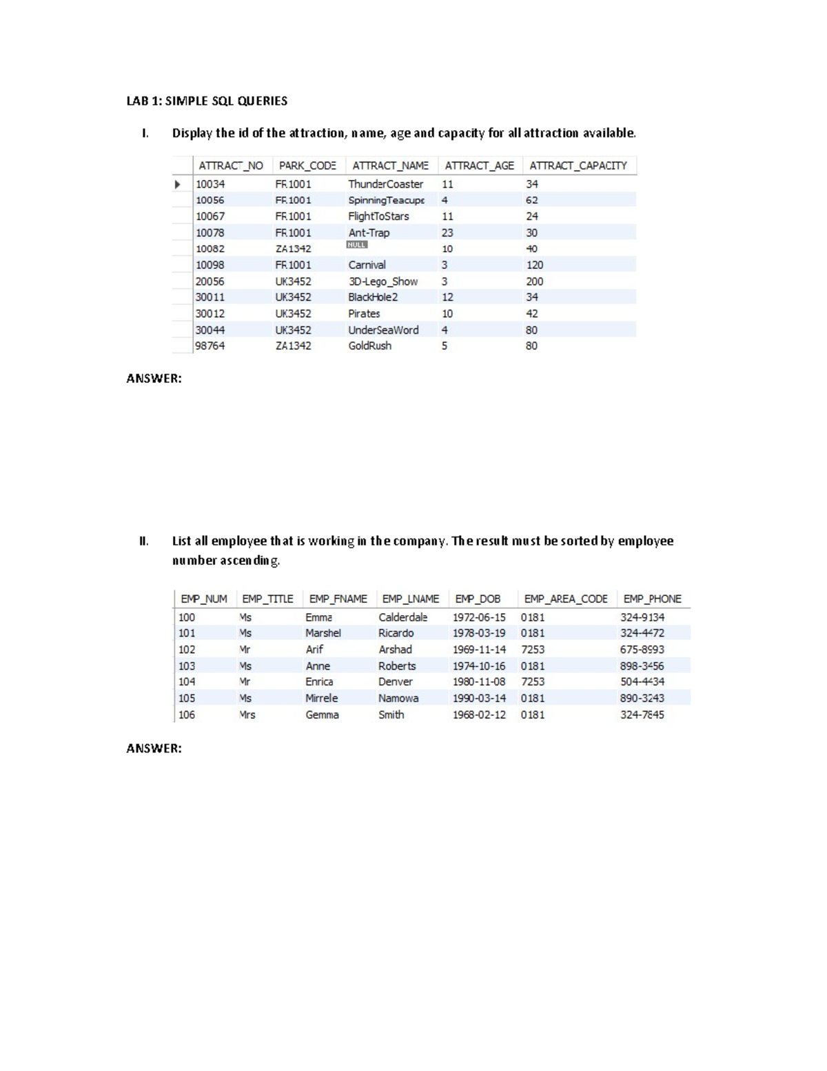 Chapter 1 Tutorial Ict200 Lab 1 Simple Sql Queries I Display The Id Of The Attraction Name 